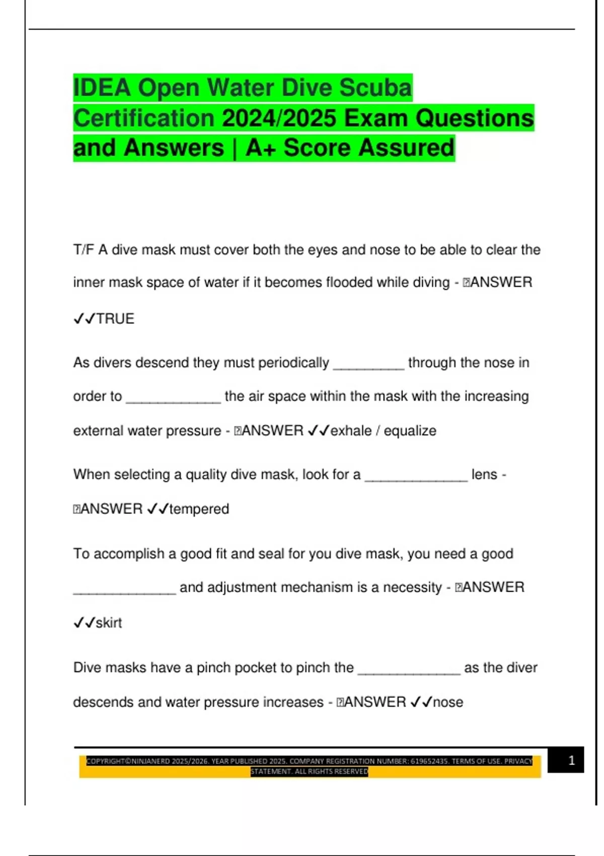 IDEA Open Water Dive Scuba Certification 2024/2025 Exam Questions and ...