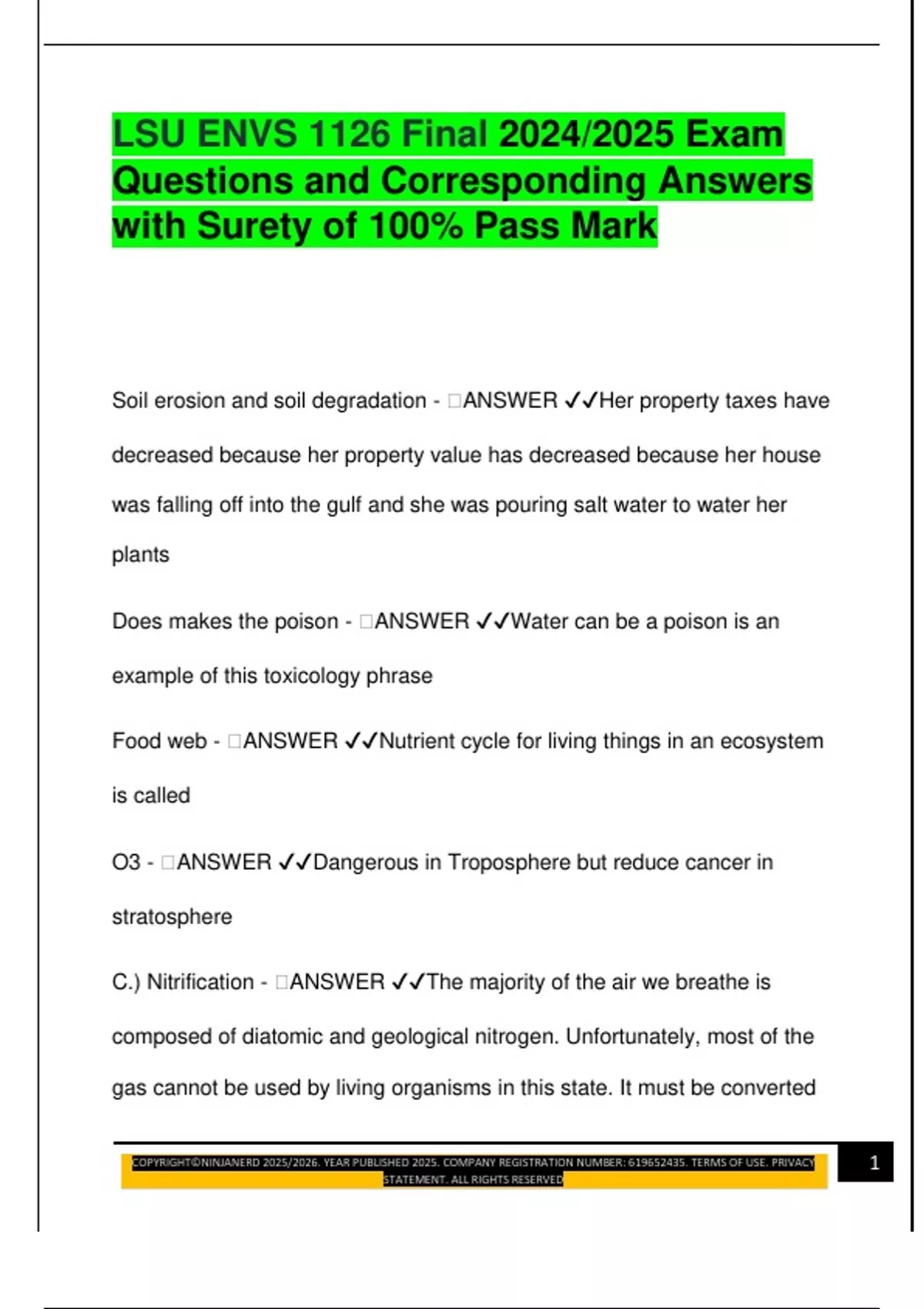 LSU ENVS 1126 Final 2024/2025 Exam Questions and Corresponding Answers with Surety of 100% Pass ...