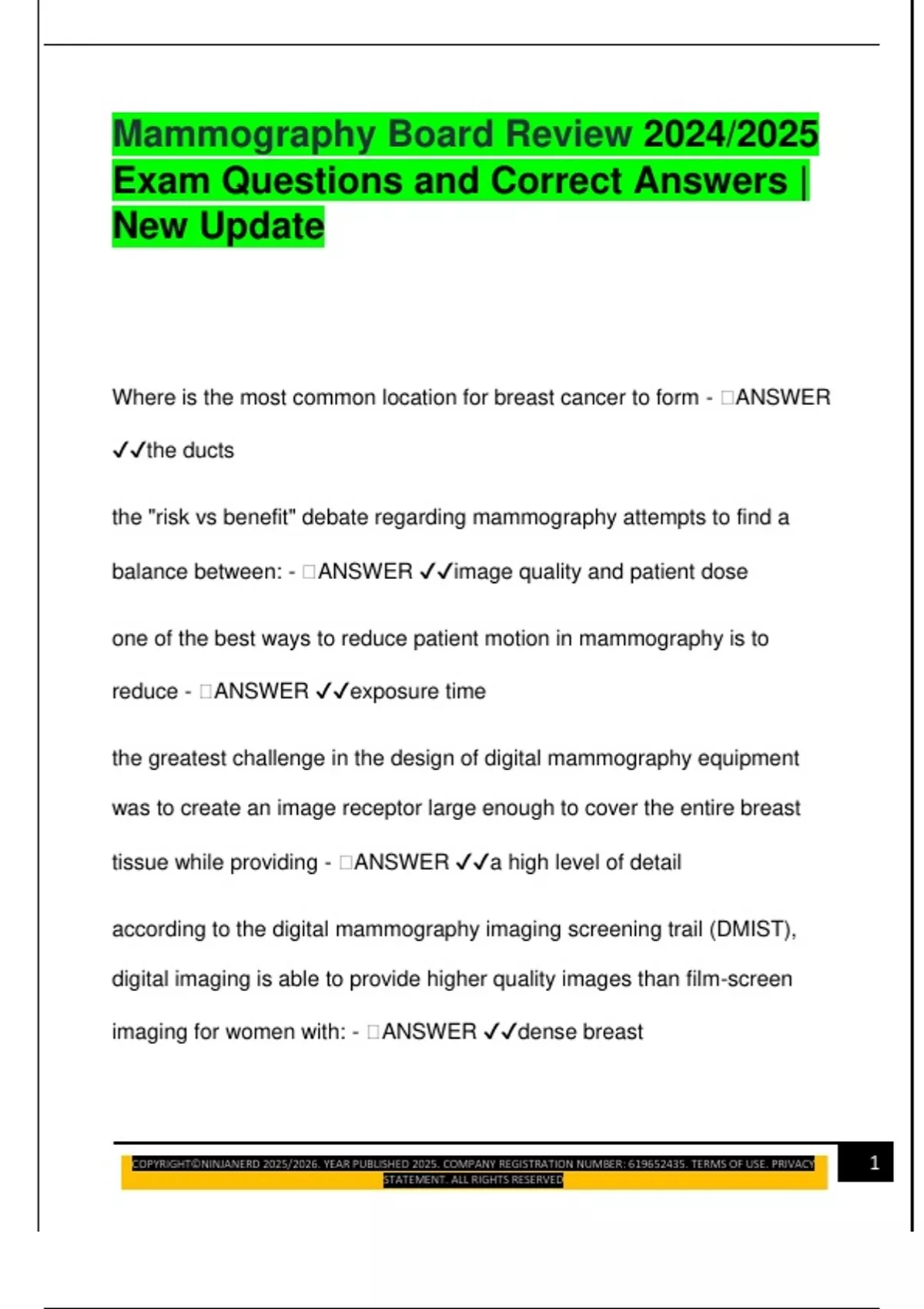 Mammography Board Review 2024/2025 Exam Questions and Correct Answers ...