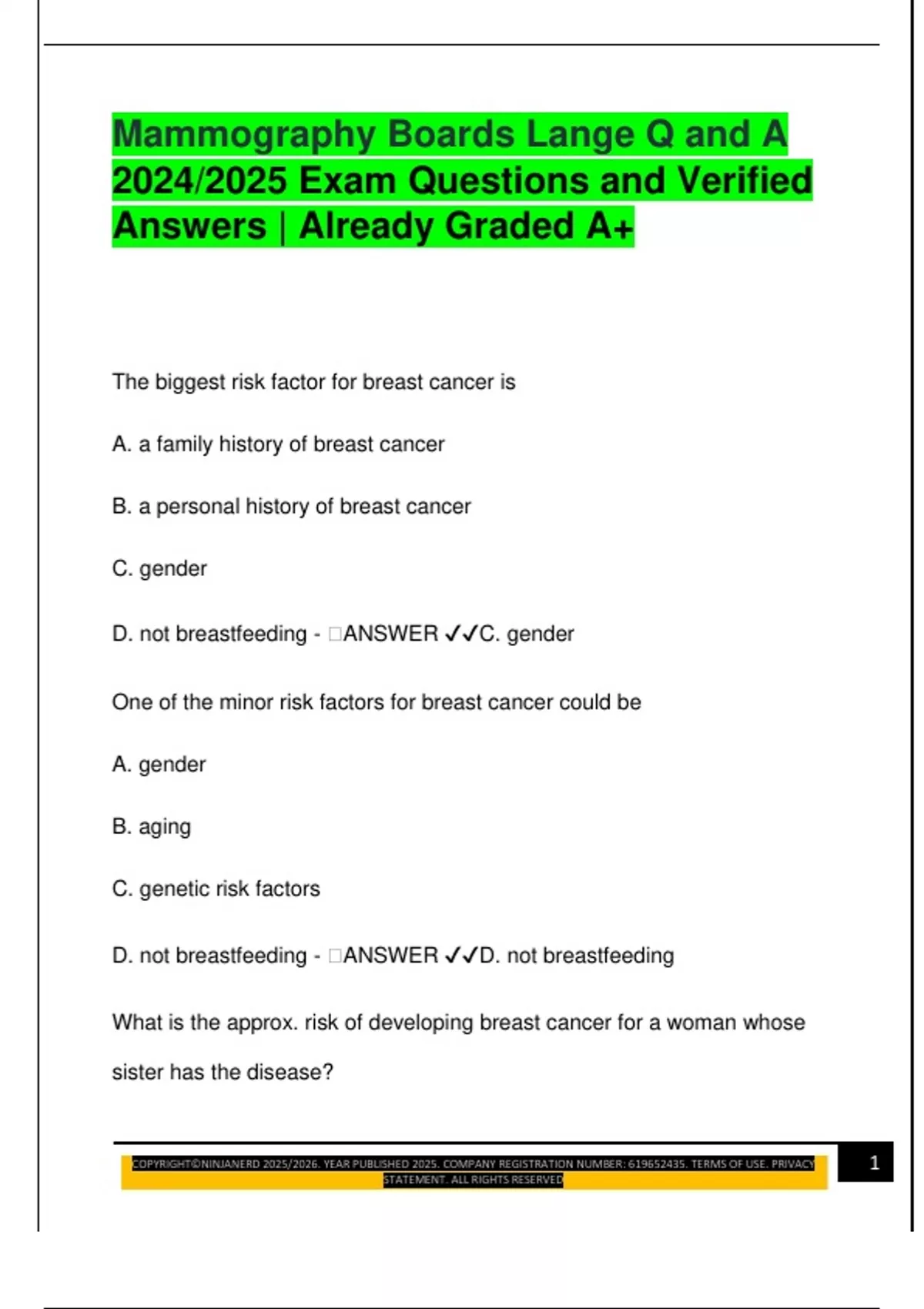 Mammography Boards Lange Q and A 2024/2025 Exam Questions and Verified ...