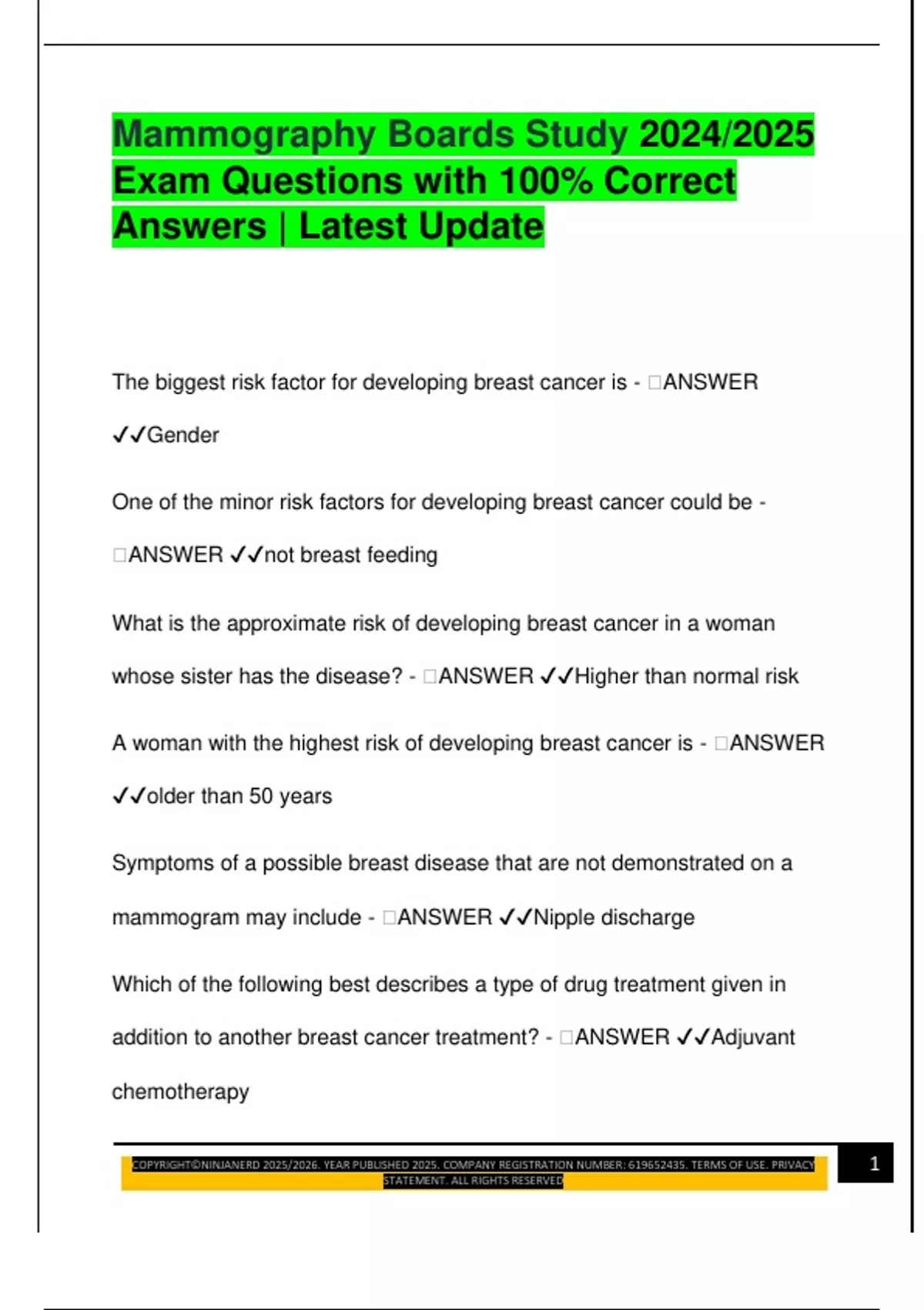 Mammography Boards Study 2024/2025 Exam Questions with 100% Correct ...