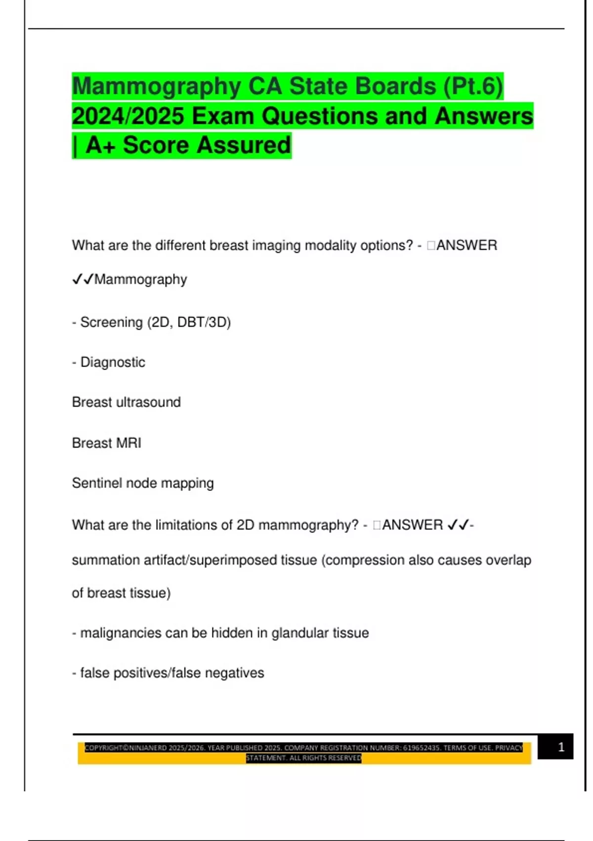 Mammography CA State Boards (Pt.6) 2024/2025 Exam Questions and Answers ...