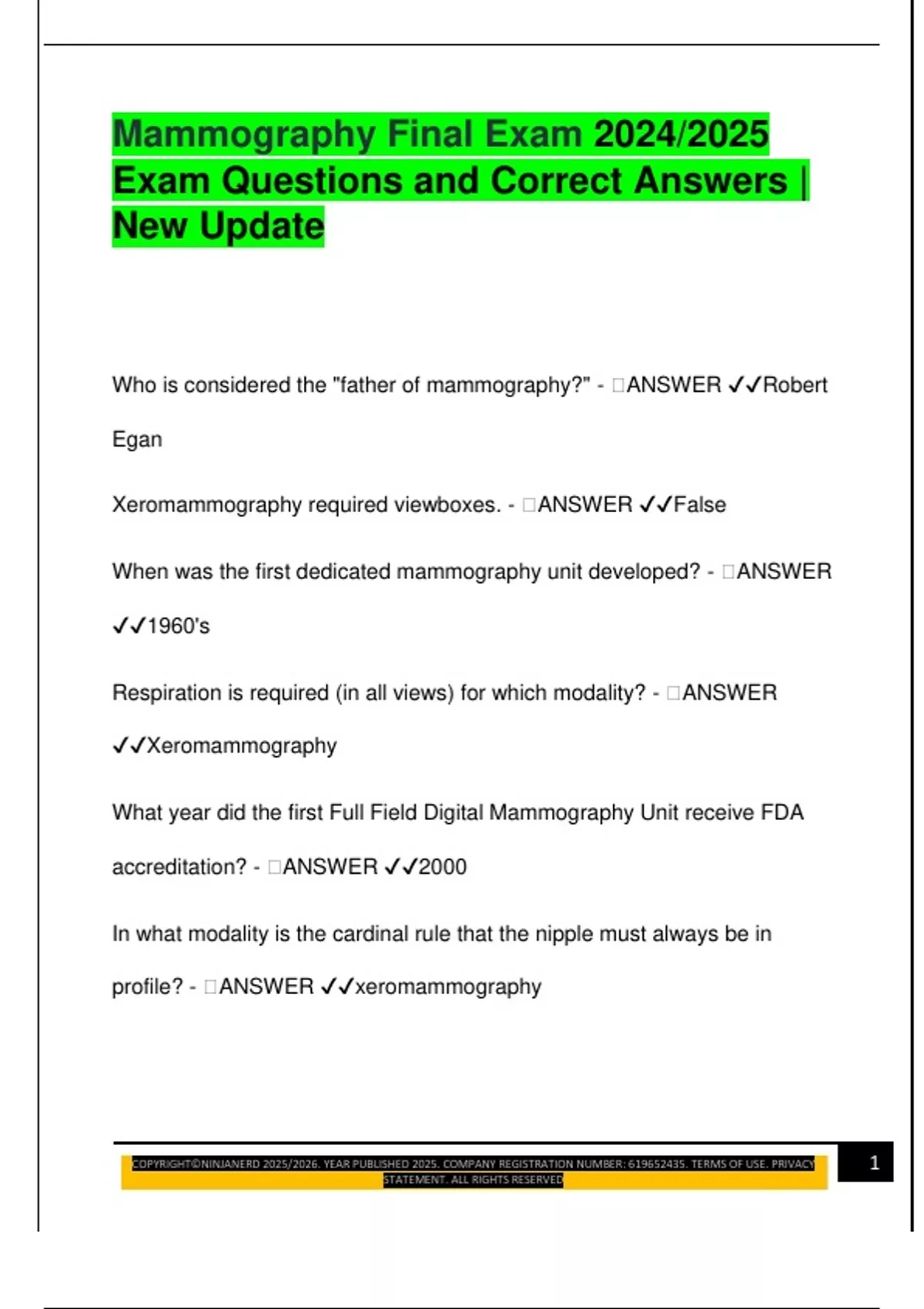 Mammography Final Exam 2024/2025 Exam Questions and Correct Answers ...