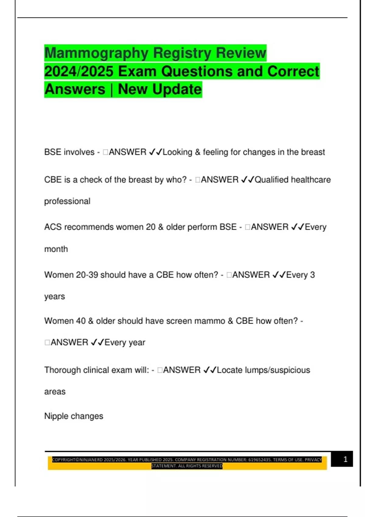 Mammography Registry Review 2024/2025 Exam Questions and Correct ...
