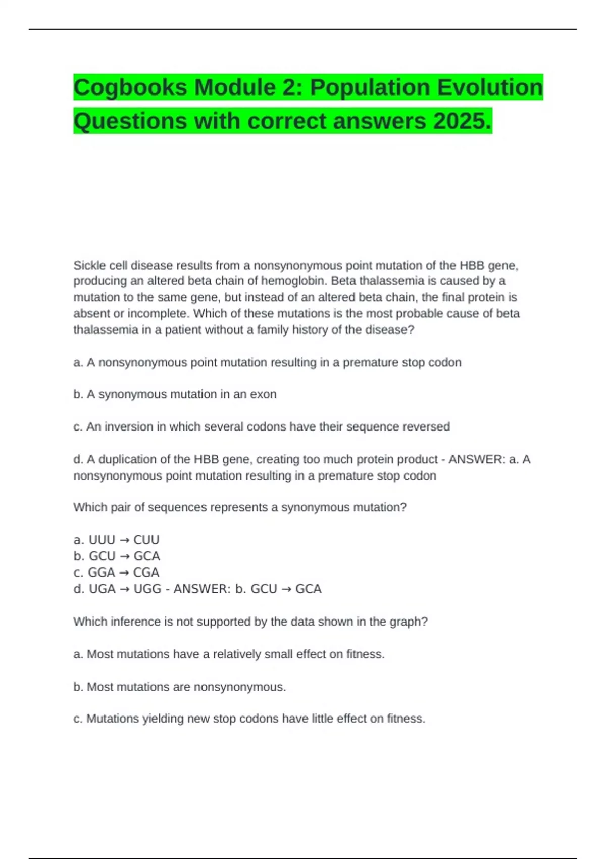 Cogbooks Module 2_ Population Evolution Questions with correct answers 2025 - BIO 345 - Stuvia US