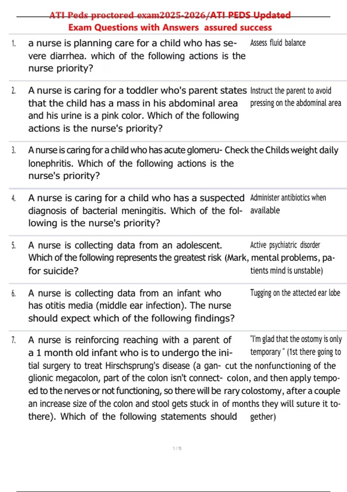 ATI Peds proctored exam/ATI PEDS Updated Exam Questions with Answers ...