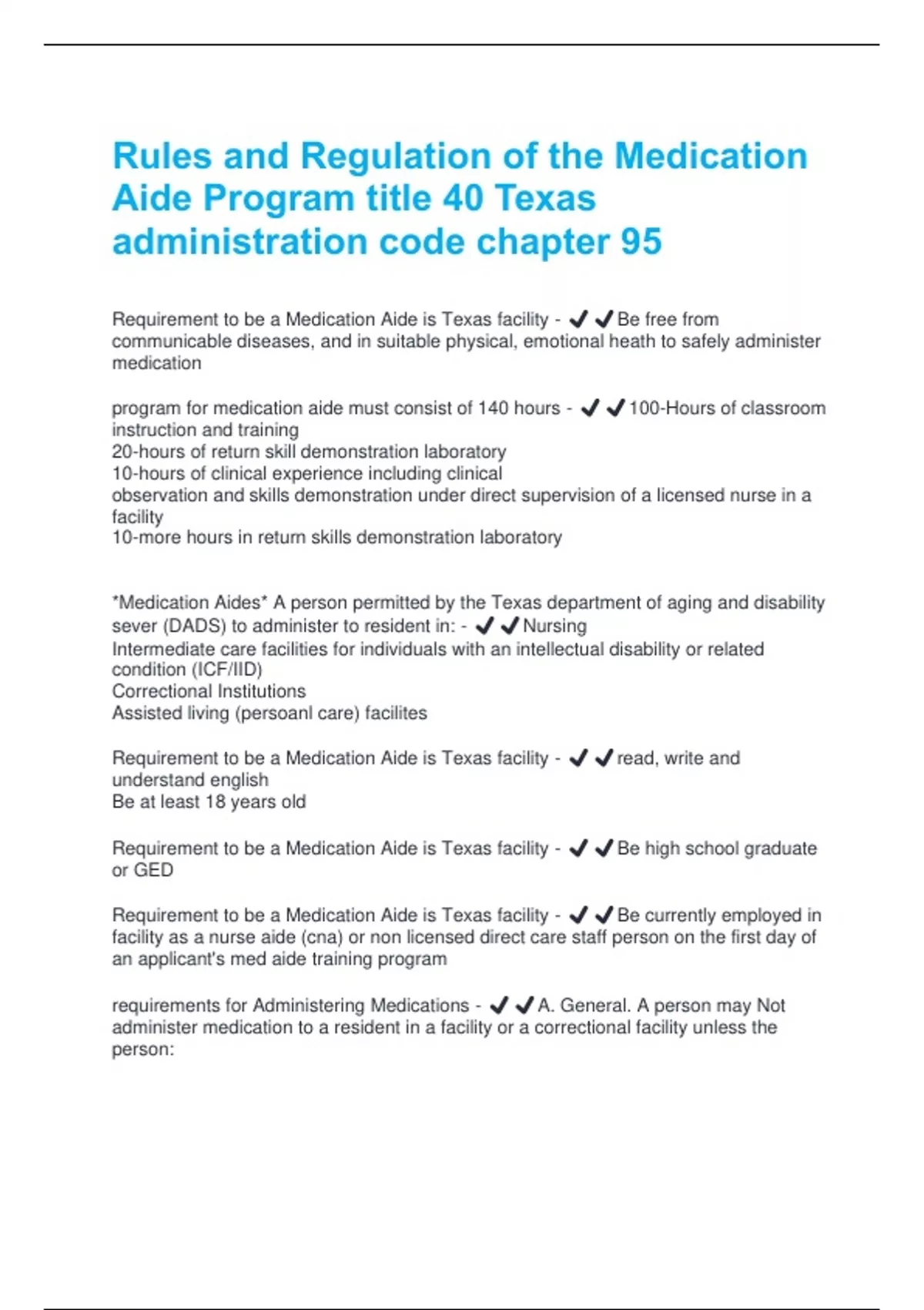 Rules and Regulation of the Medication Aide Program title 40 Texas ...