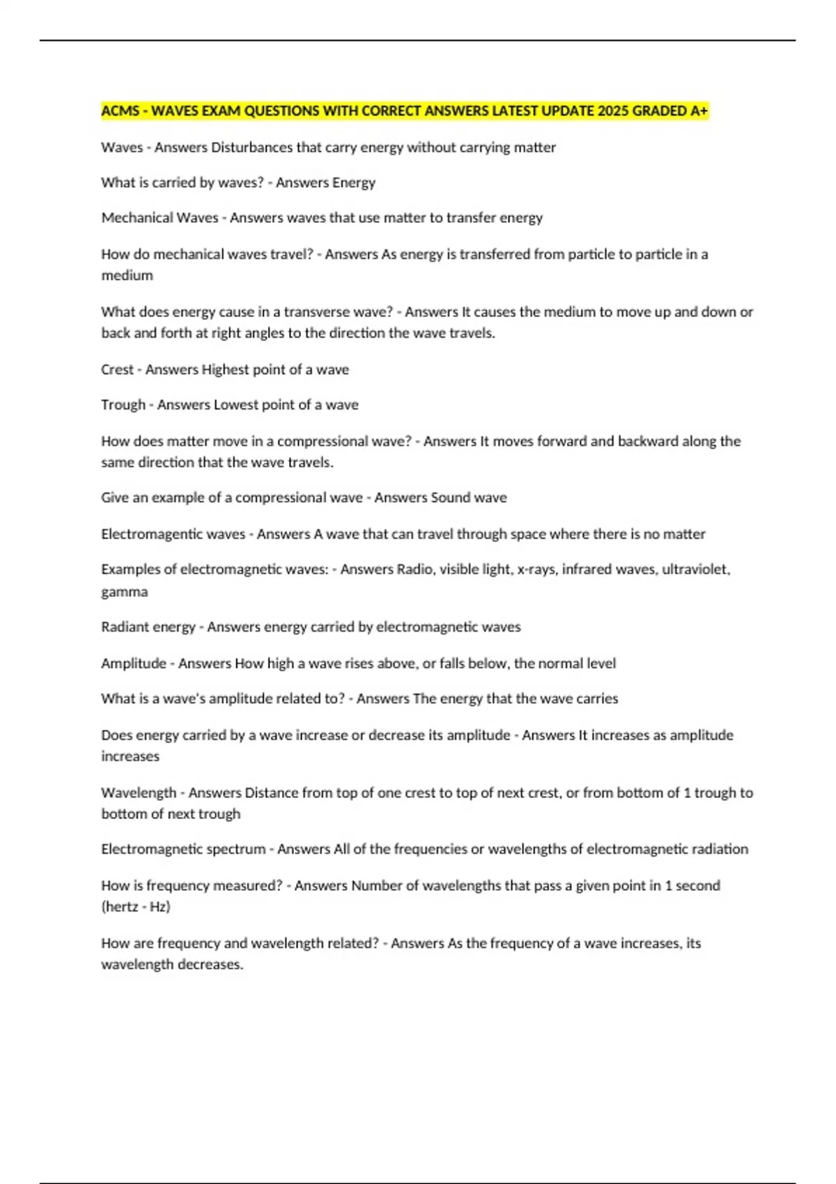 ACMS - WAVES EXAM QUESTIONS WITH CORRECT ANSWERS LATEST UPDATE 2025 ...