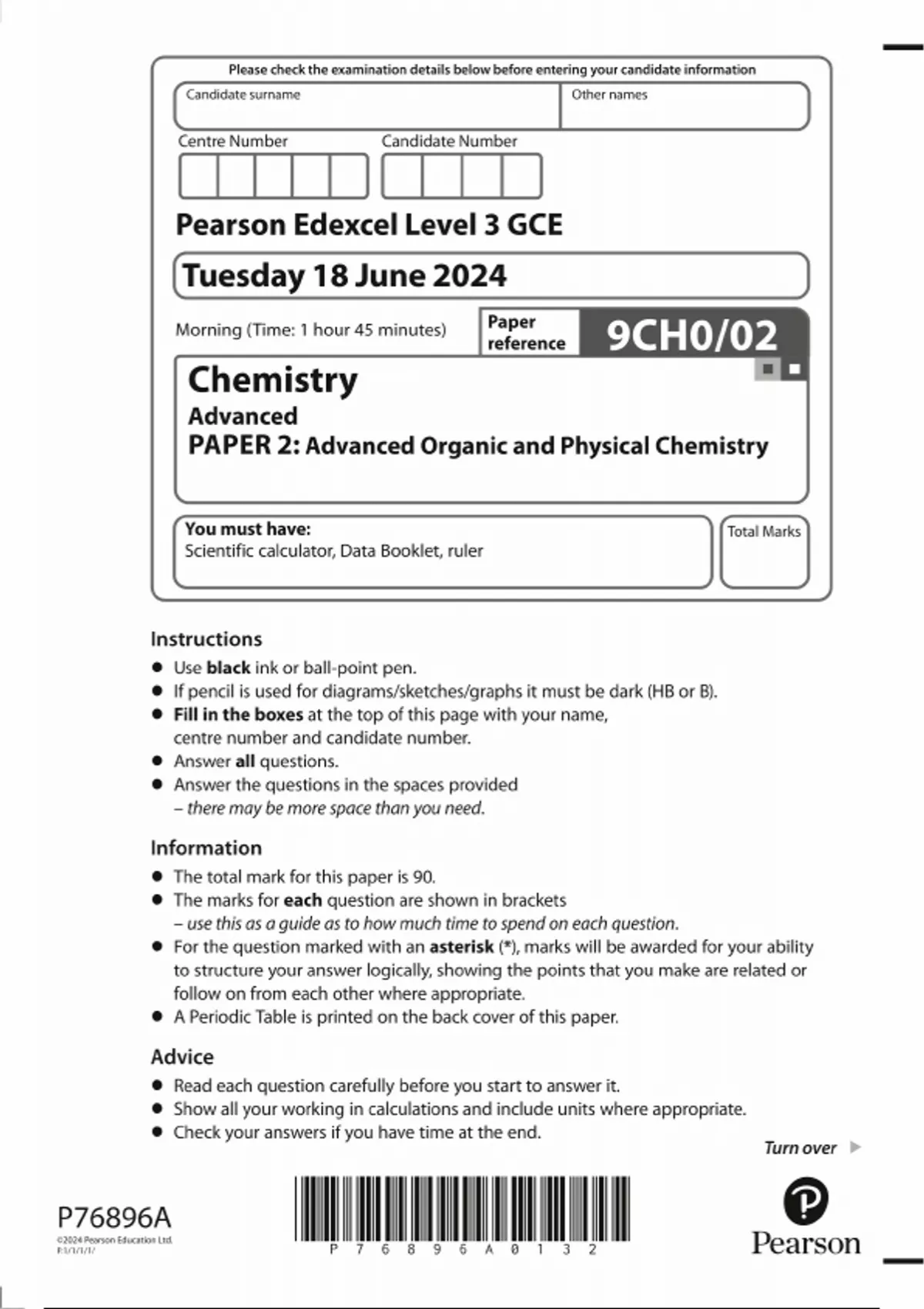 2024 Pearson Edexcel A Level GCE Chemistry PAPER 2 QUESTION PAPER (9CH0 ...