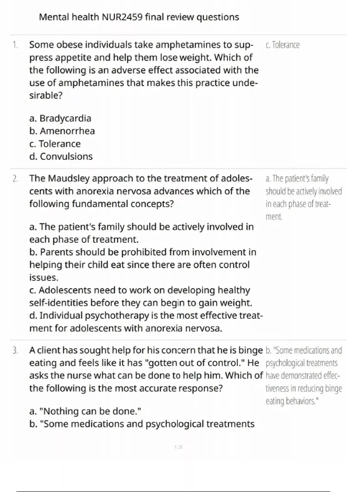 Mental health NUR final review questions - Mental health NUR2459 ...