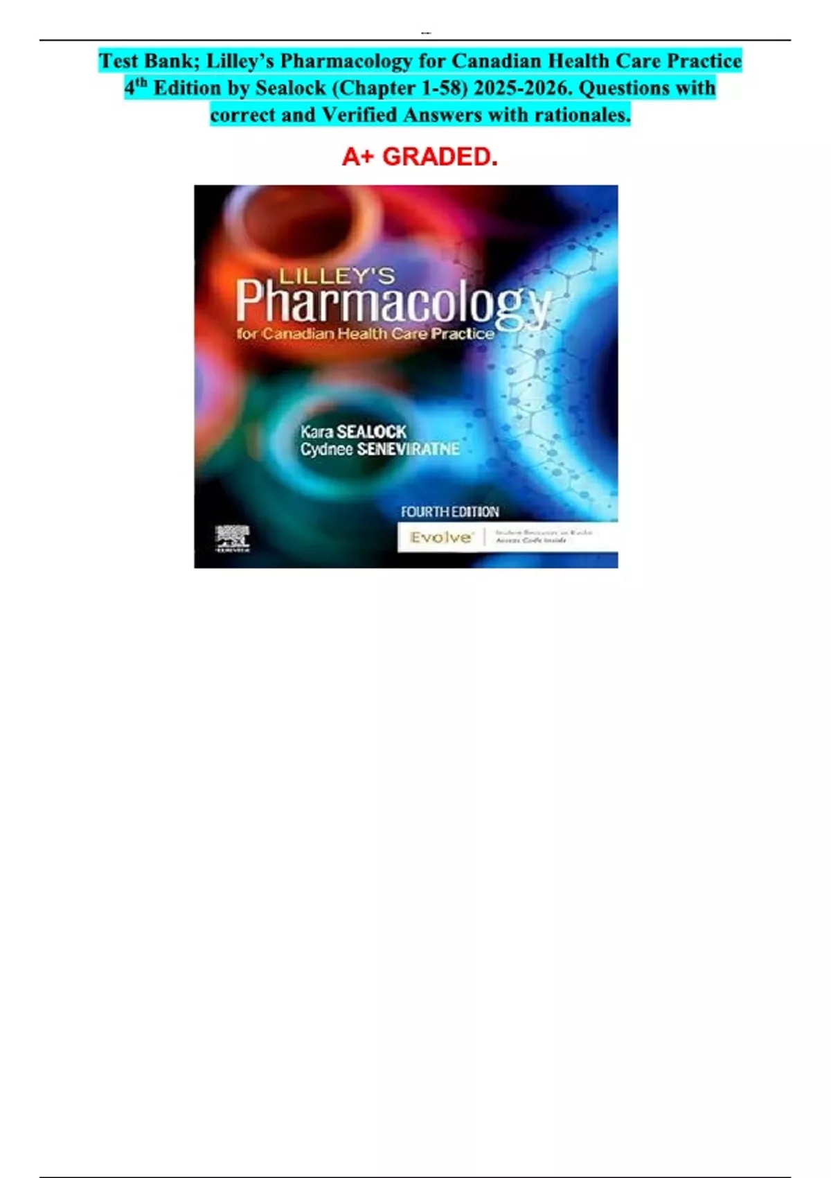 Test Bank; Lilley’s Pharmacology for Canadian Health Care Practice 4th ...