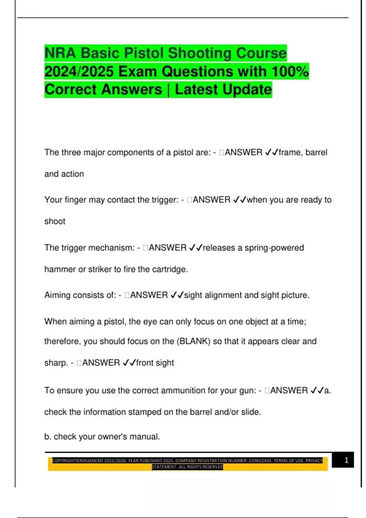 NRA Basic Pistol Shooting Course 2024/2025 Exam Questions with 100% ...