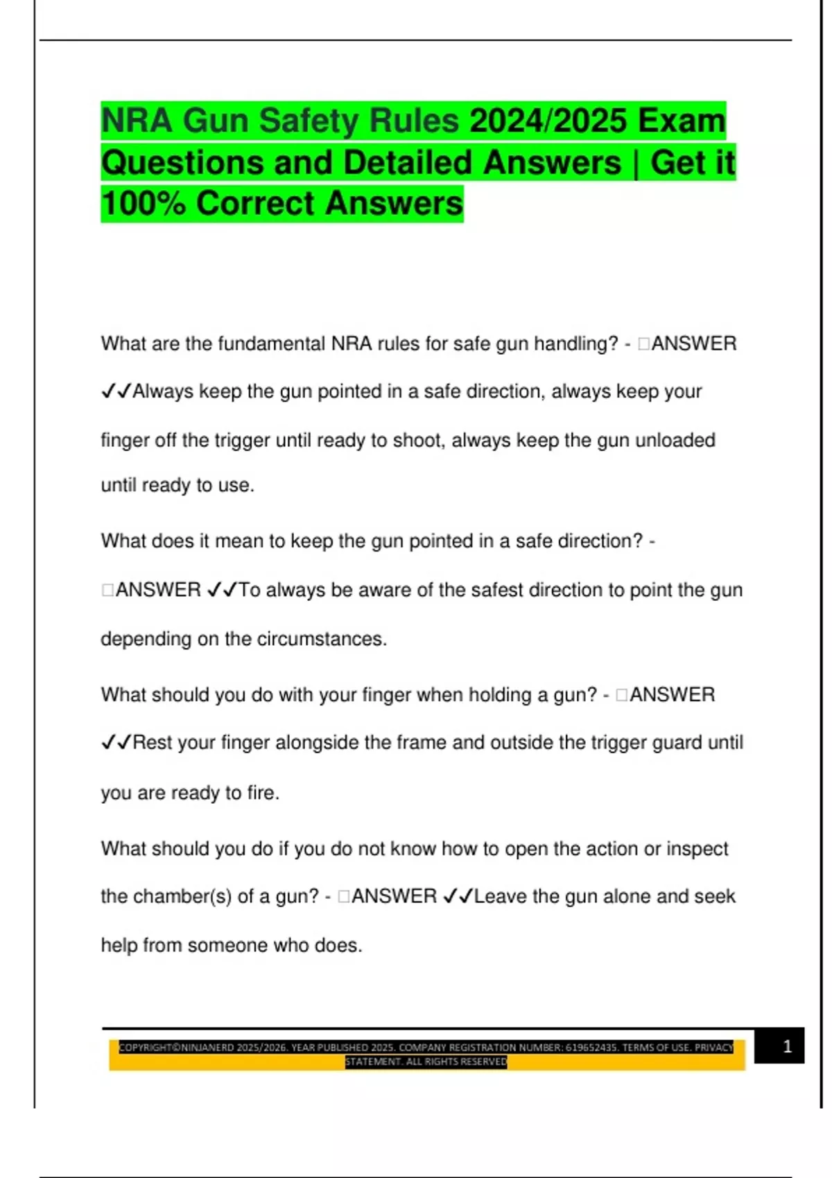 NRA Gun Safety Rules 2024/2025 Exam Questions and Detailed Answers ...