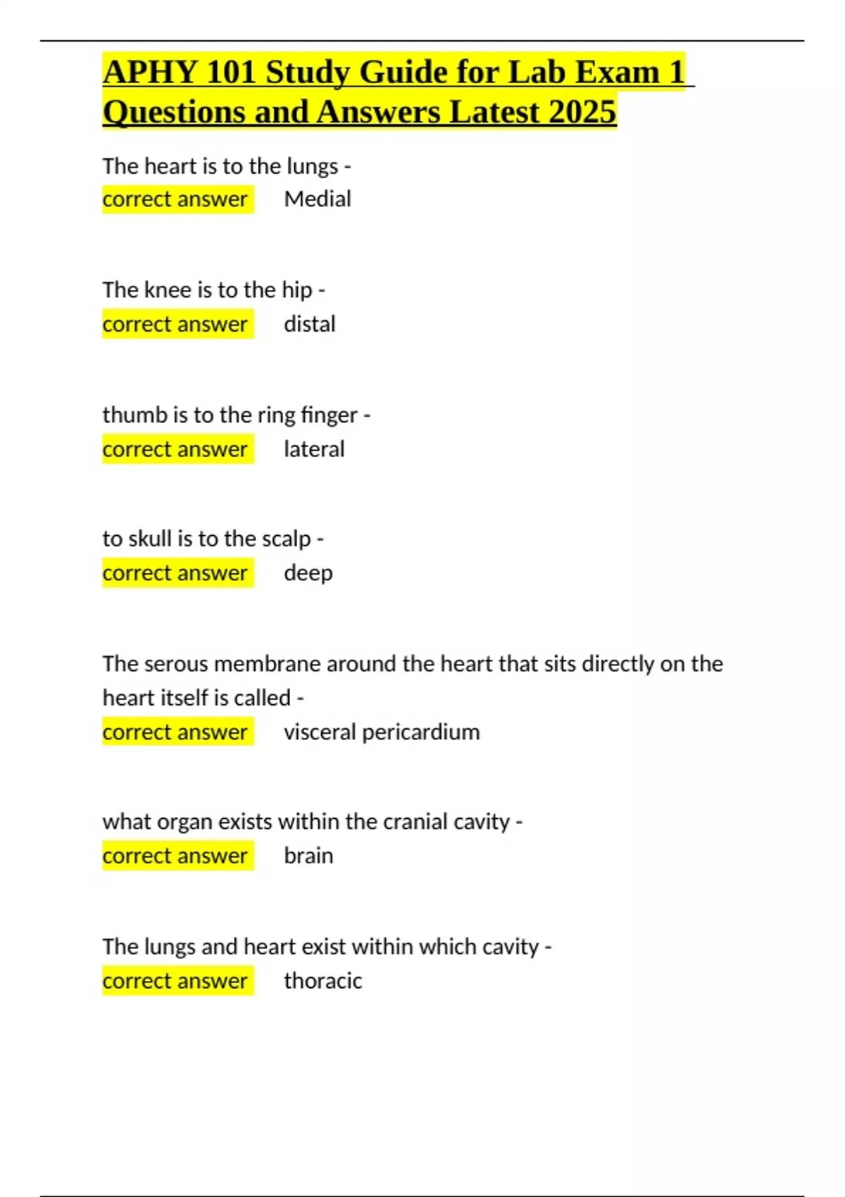 APHY 101 Study Guide for Lab Exam 1 Questions and Answers Latest 2025 ...