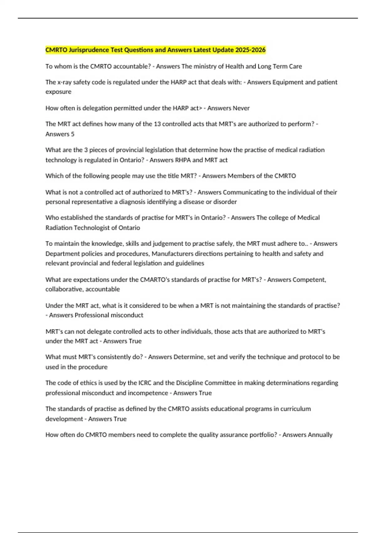 CMRTO Jurisprudence Test Questions and Answers Latest Update - CMRTO ...