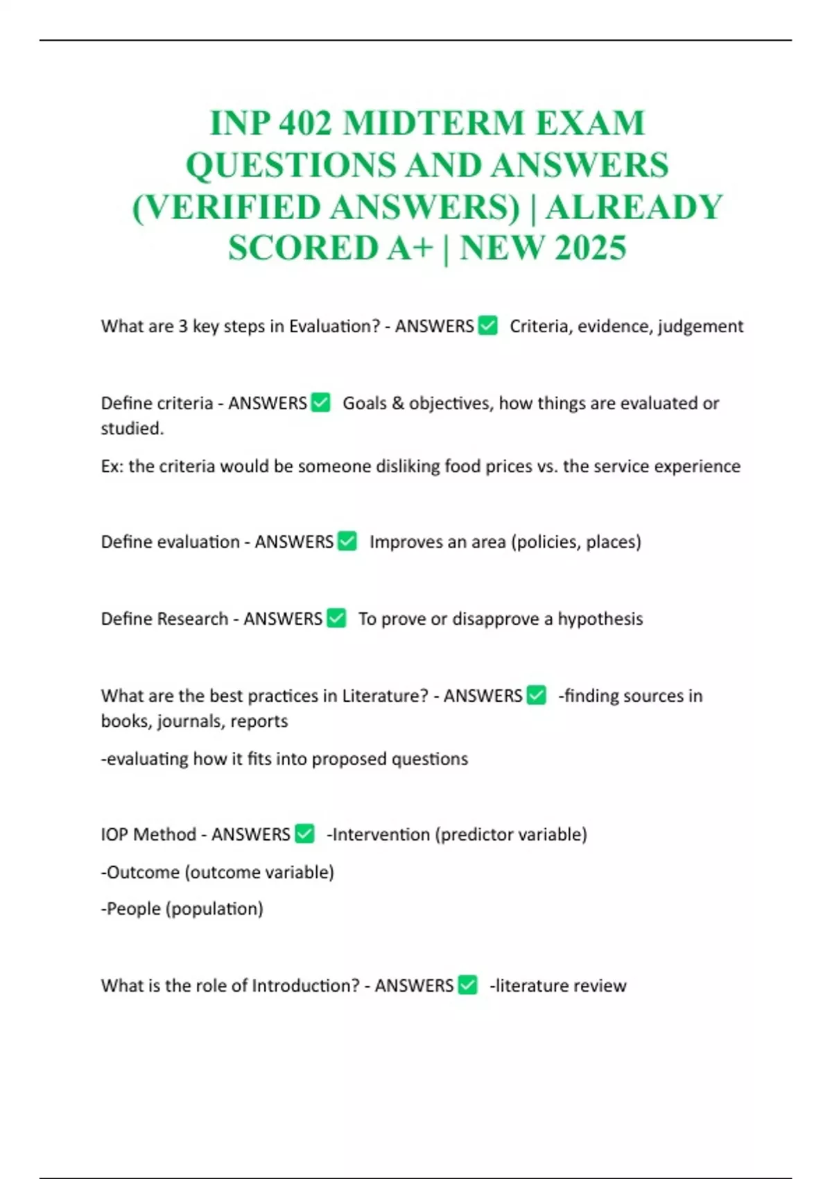 INP 402 MIDTERM EXAM QUESTIONS AND ANSWERS (VERIFIED ANSWERS) | ALREADY ...