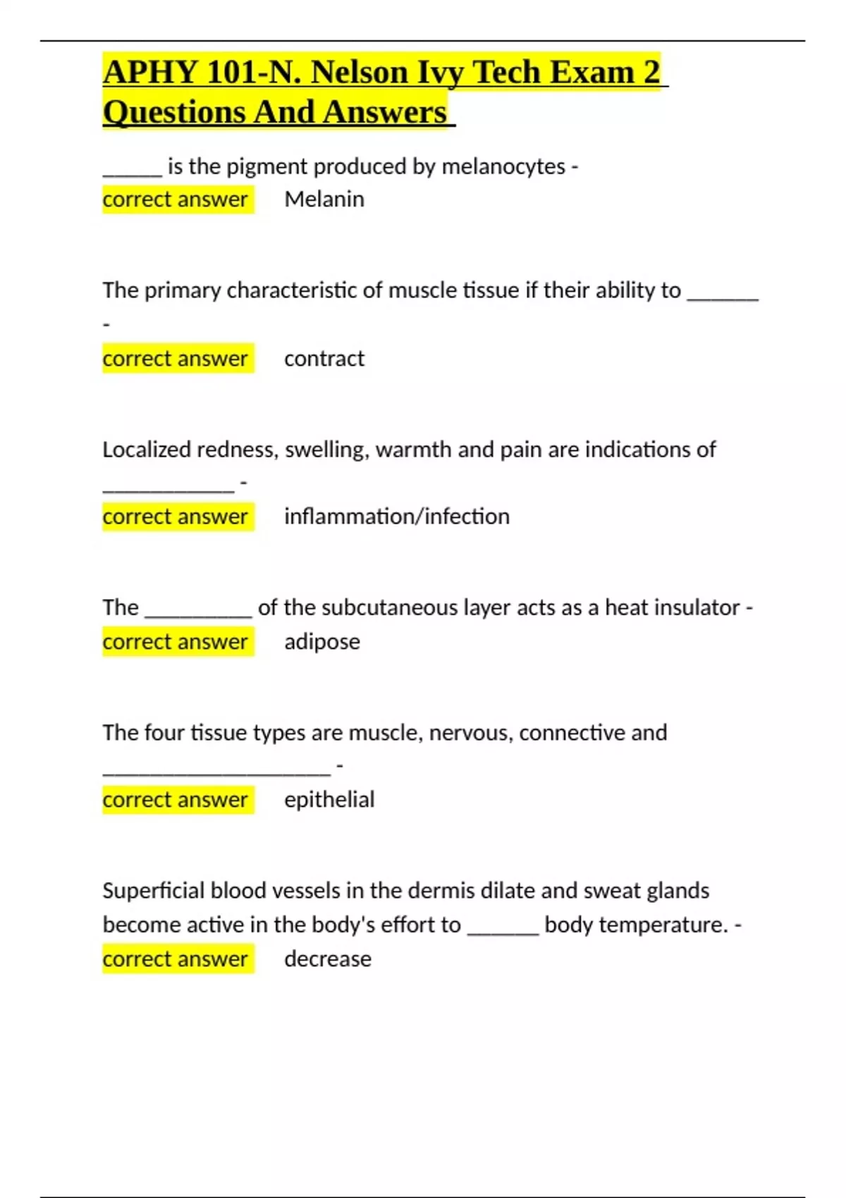 APHY 101-N. Nelson Ivy Tech Exam 2 Questions And Answers.docx - APHY ...