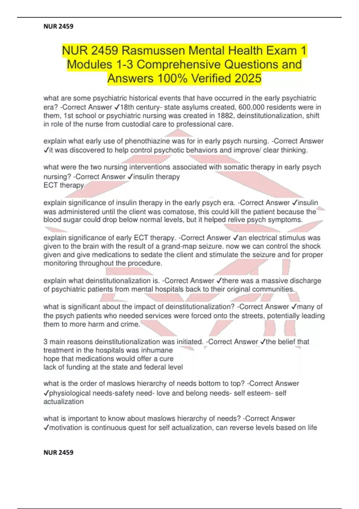 NUR 2459 Rasmussen Mental Health Exam 1 Modules 1-3 Comprehensive ...