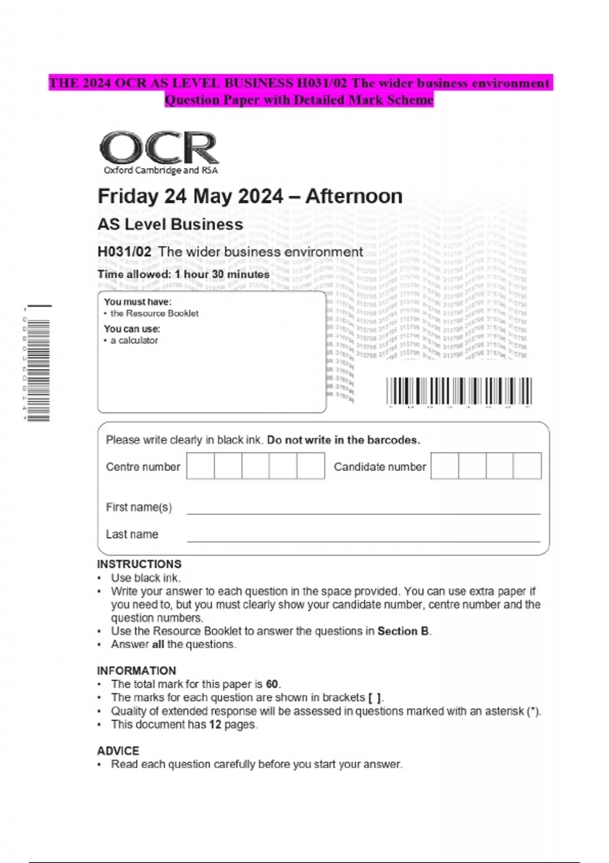 THE 2024 OCR AS LEVEL BUSINESS H031/02 The wider business environment ...