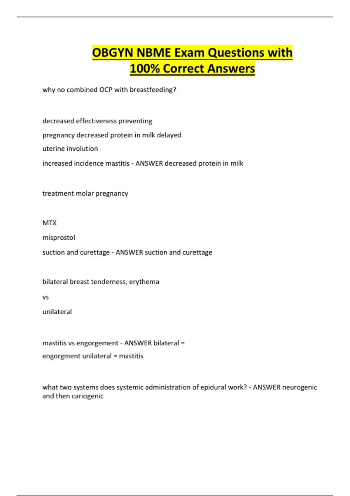 OBGYN NBME Exam Questions with 100% Correct Answers - NBME - Stuvia US