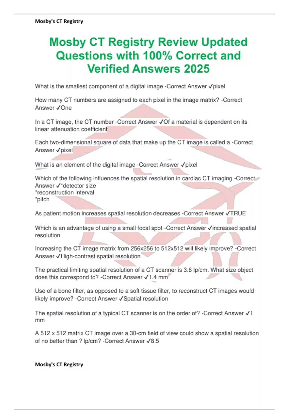 Mosby CT Registry Review Updated Questions with 100% Correct and ...