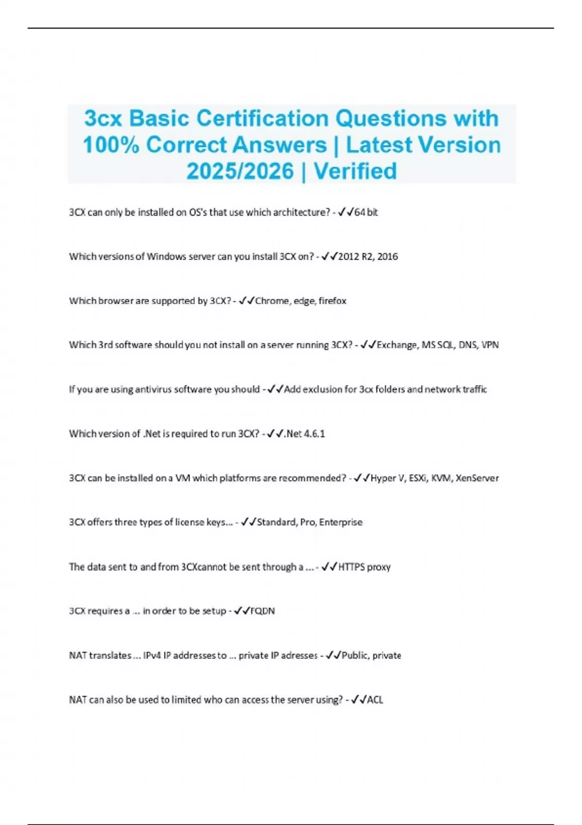 3cx Basic Certification Questions with 100% Correct Answers | Latest ...
