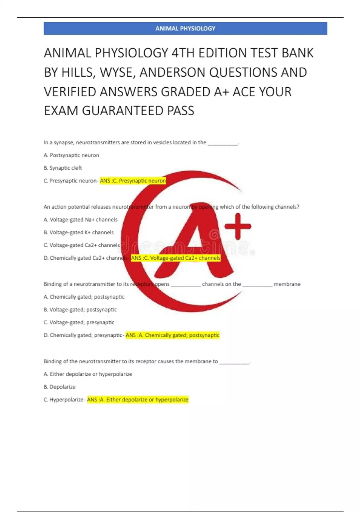 ANIMAL PHYSIOLOGY 4TH EDITION TEST BANK BY HILLS, WYSE, ANDERSON ...
