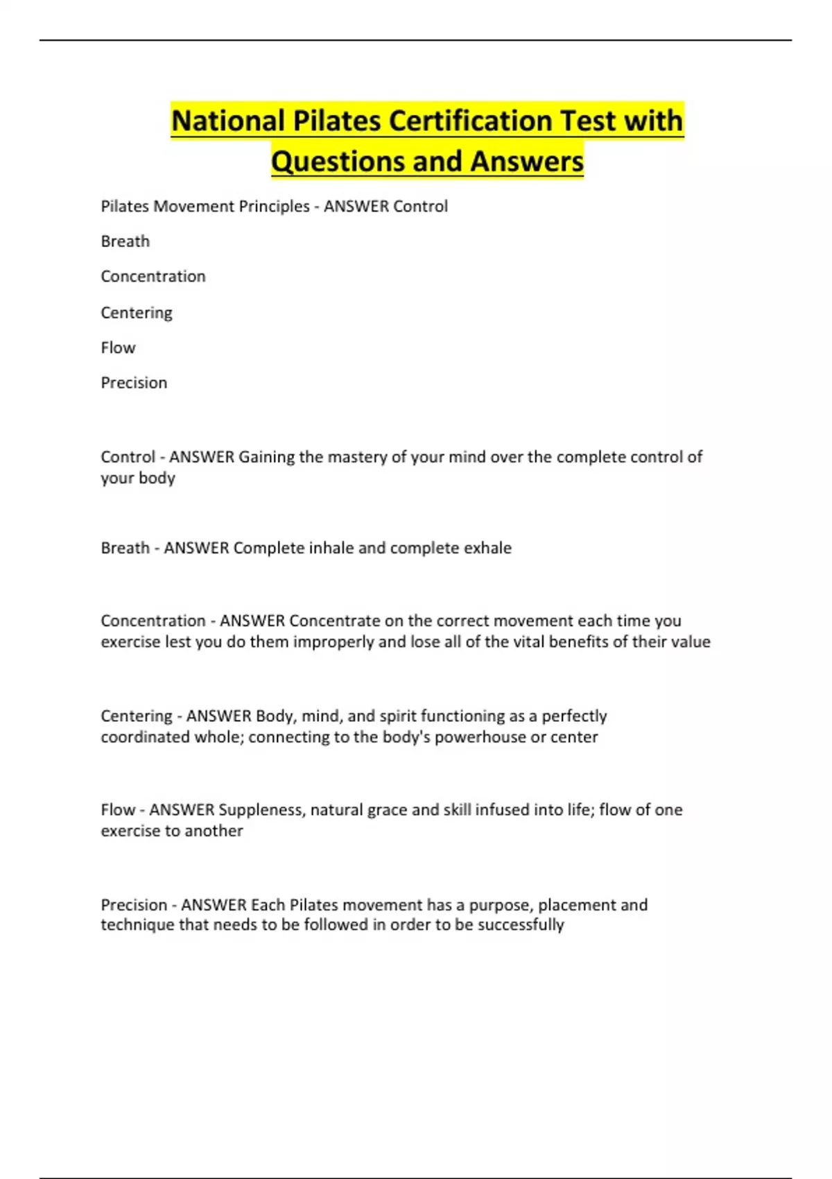 National Pilates Certification Test with Questions and Answers ...