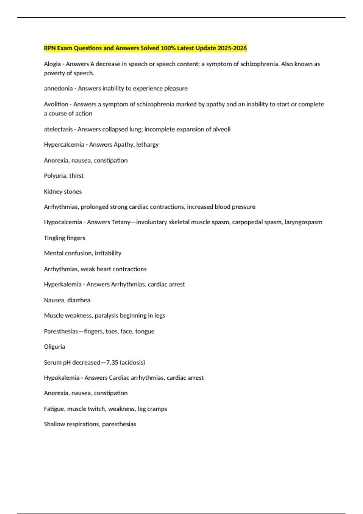 RPN Exam Questions and Answers Solved 100% Latest Update - RPN - Stuvia US