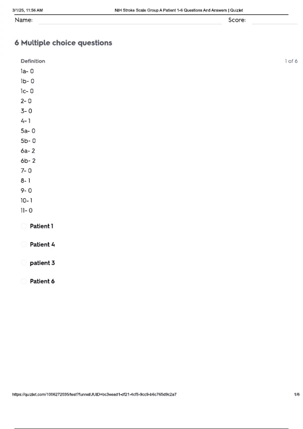 NIH Stroke Scale Group A Patient 1-6 Questions And Answers - NIH ...