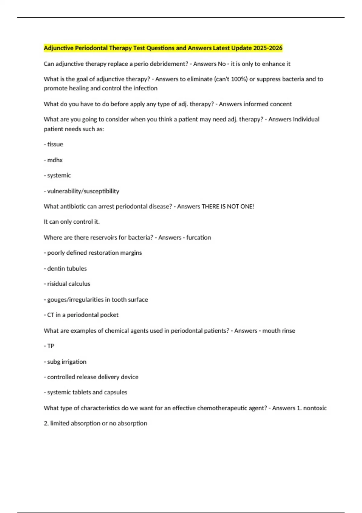 Adjunctive Periodontal Therapy Test Questions and Answers Latest Update ...