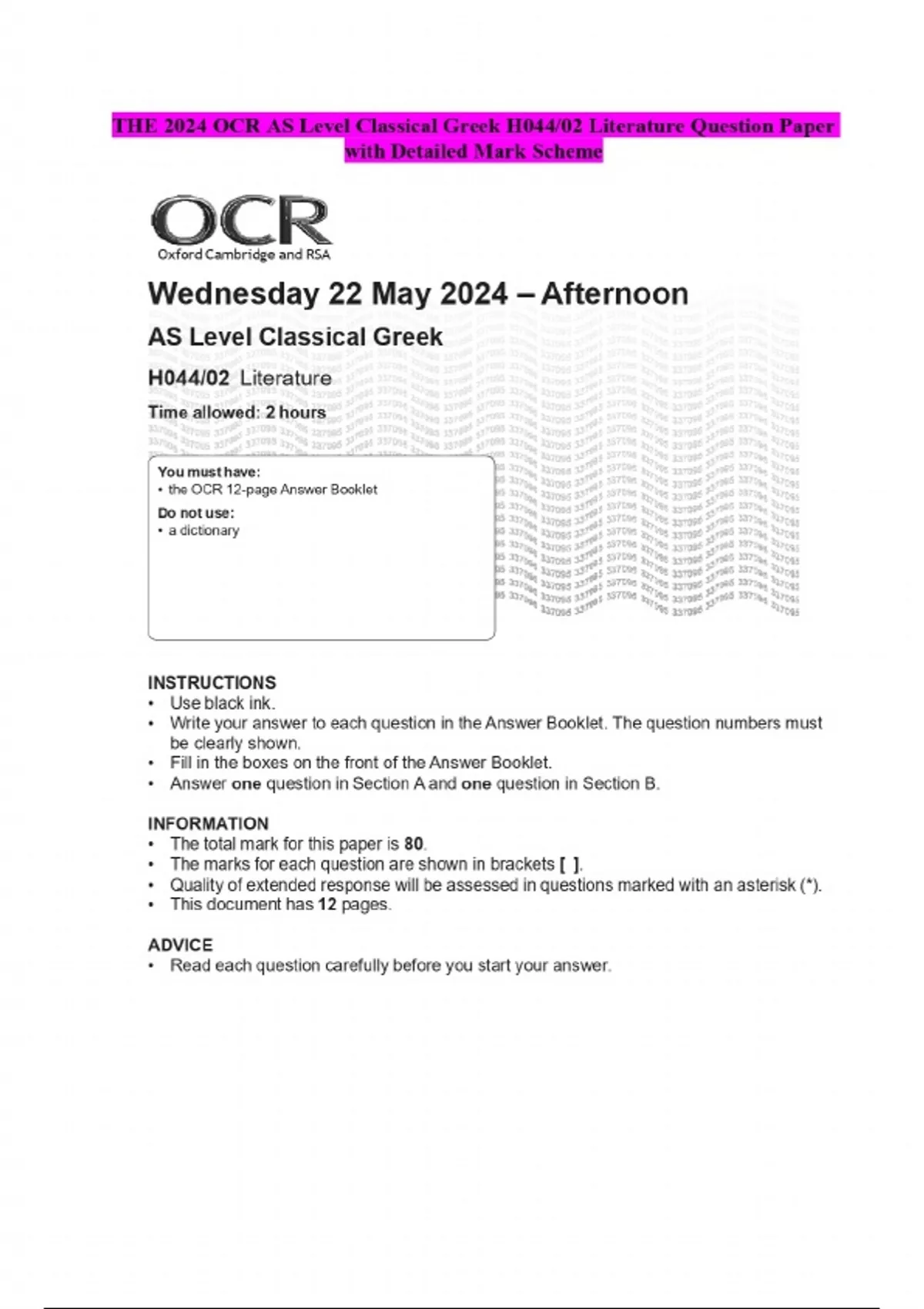 THE 2024 OCR AS Level Classical Greek H044/02 Literature Question Paper ...