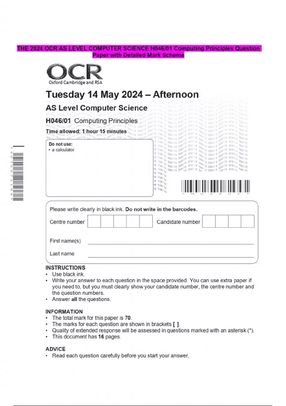 THE 2024 OCR AS LEVEL COMPUTER SCIENCE Question Paper with Detailed Mark Scheme - Stuvia US