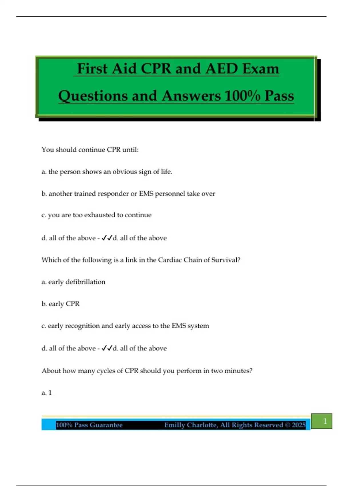 First Aid CPR and AED Exam Questions and Answers 100% Pass - First Aid/ AED / CPR - Stuvia US