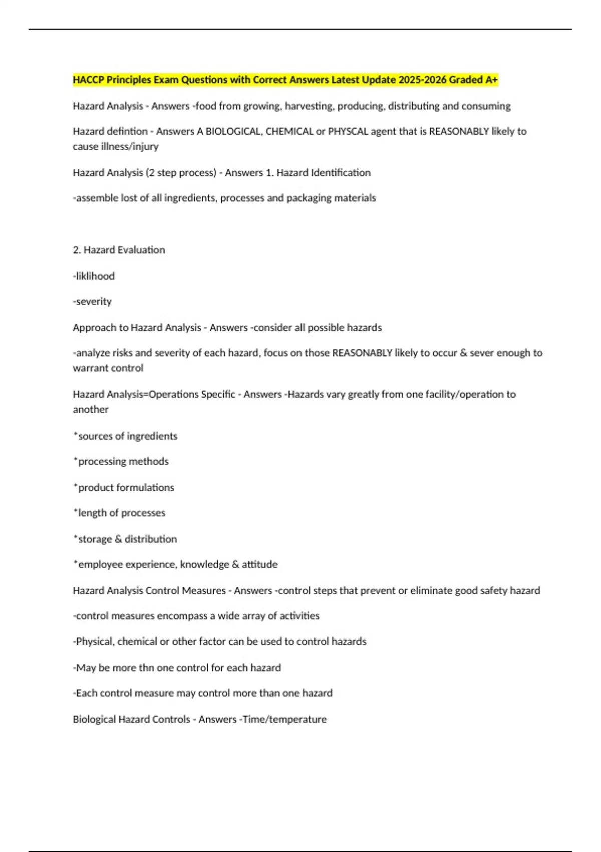 HACCP Bundled Questions and Answers Fully Solved Latest 2025/2026 ...