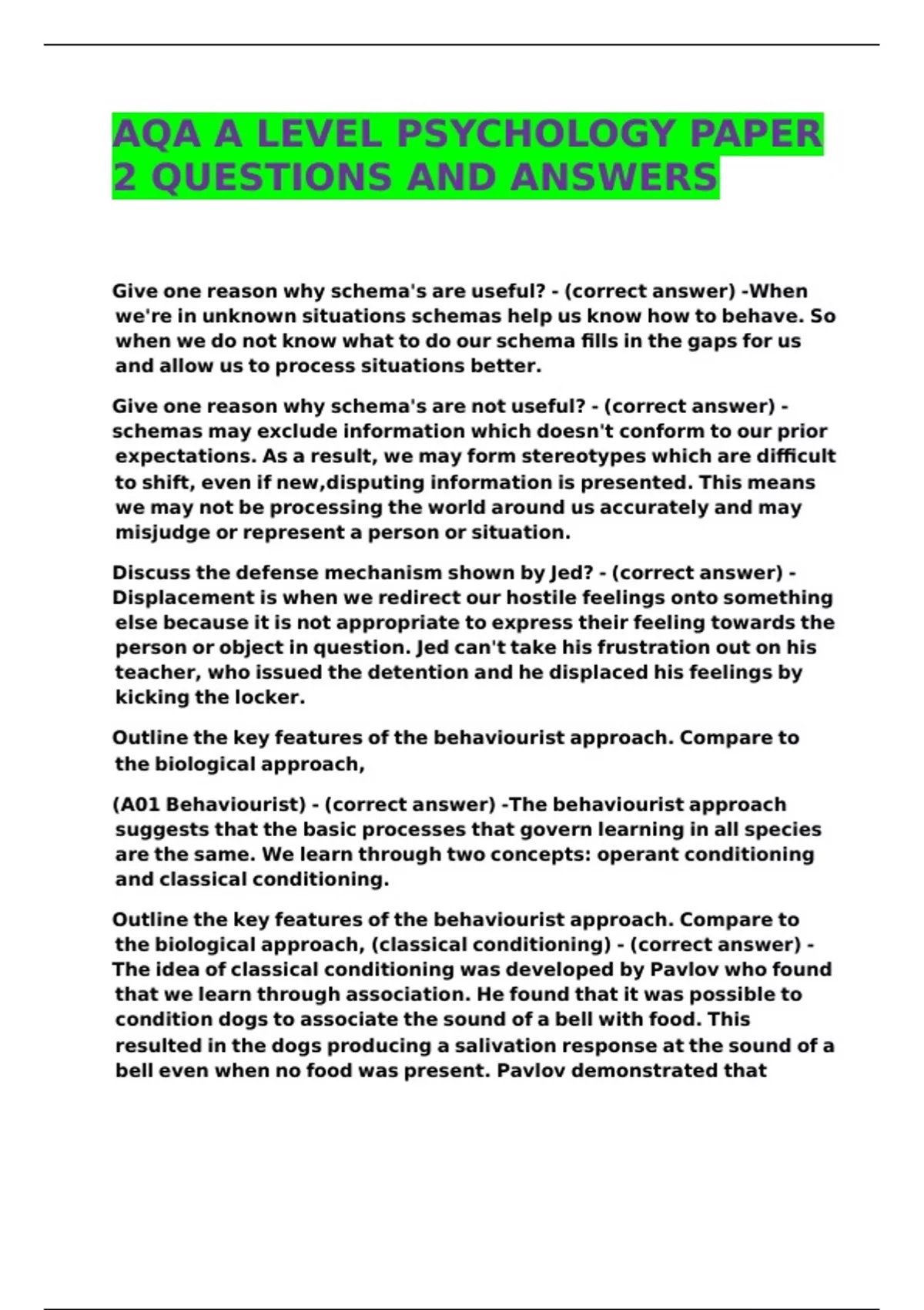 AQA A LEVEL PSYCHOLOGY PAPER 2 QUESTIONS AND ANSWERS - AQA A LEVEL ...