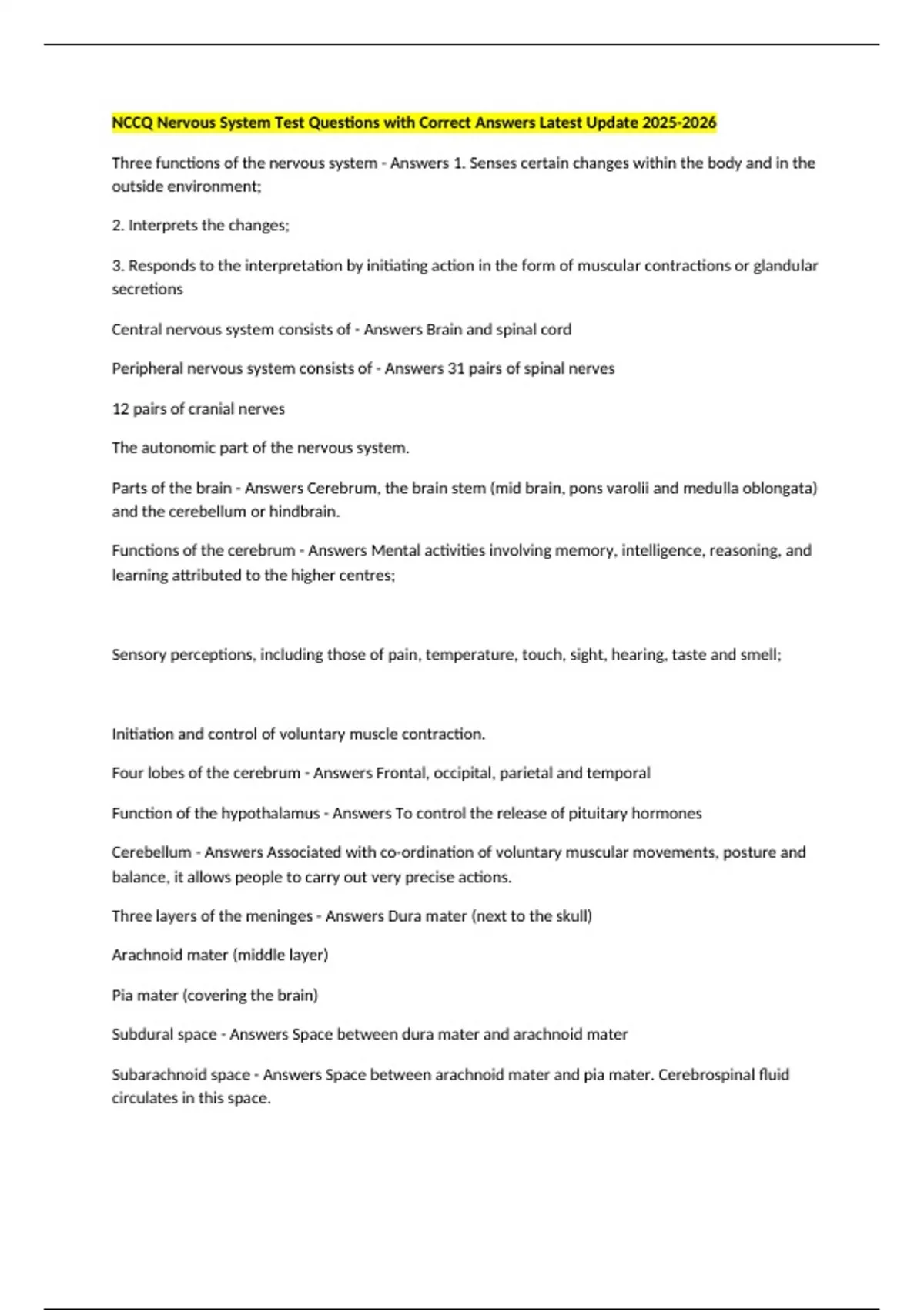 NCCQ Nervous System Test Questions with Correct Answers Latest Update ...