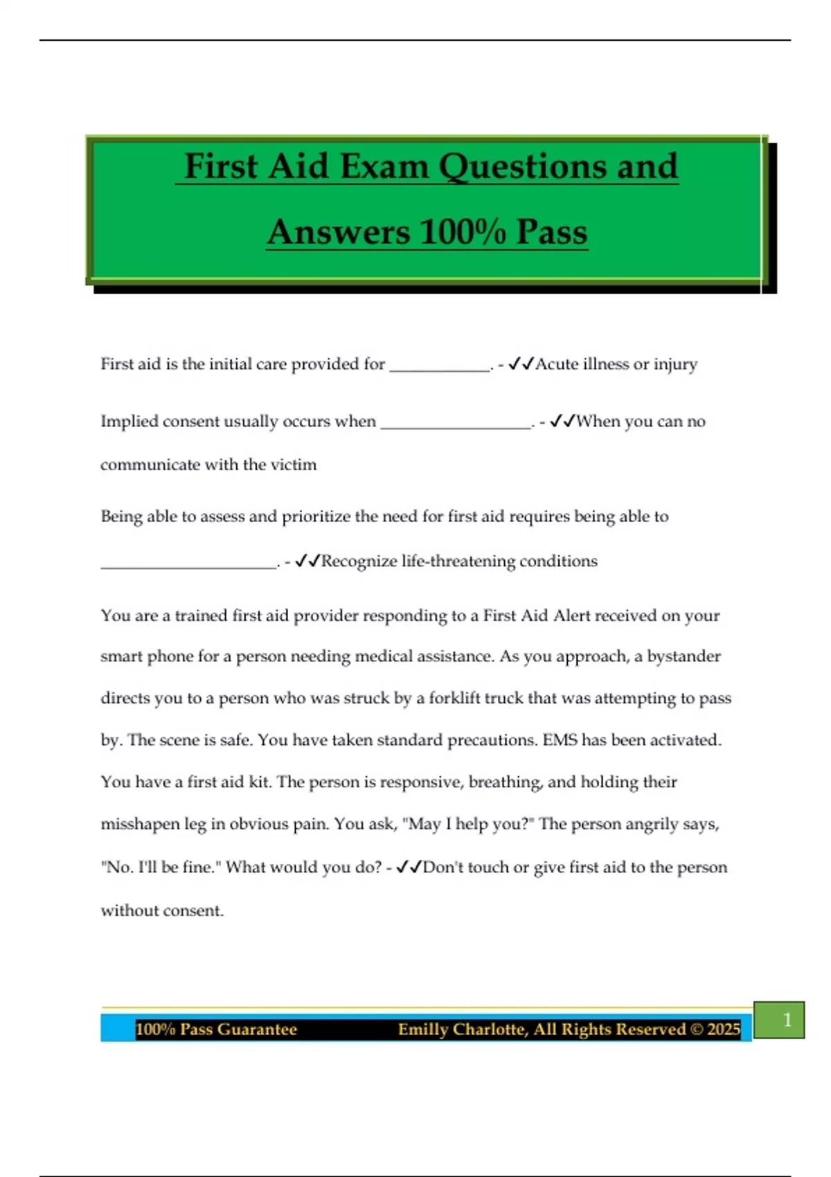 First Aid Exam Questions and Answers 100% Pass - CPR First Aid AED ...