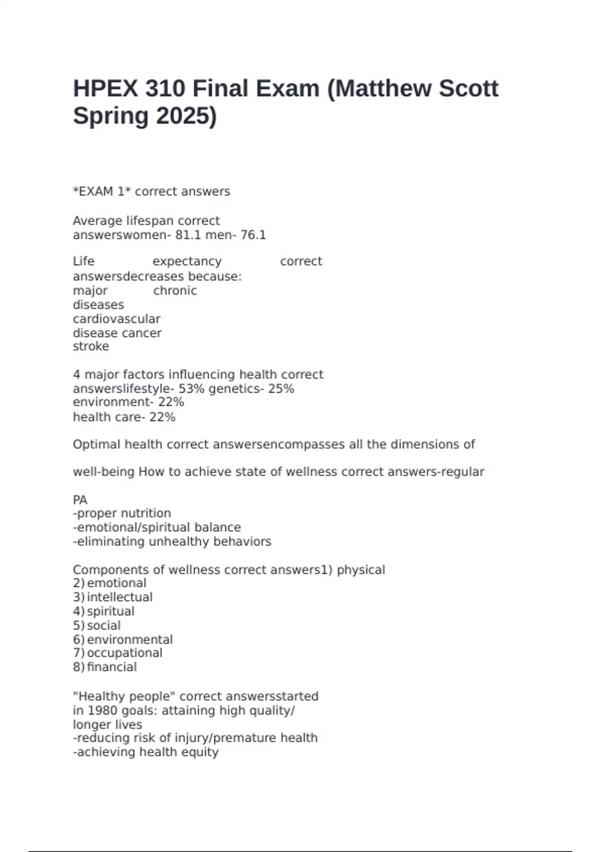 HPEX 310 Final Exam (Matthew Scott Spring exam with 100% correct ...