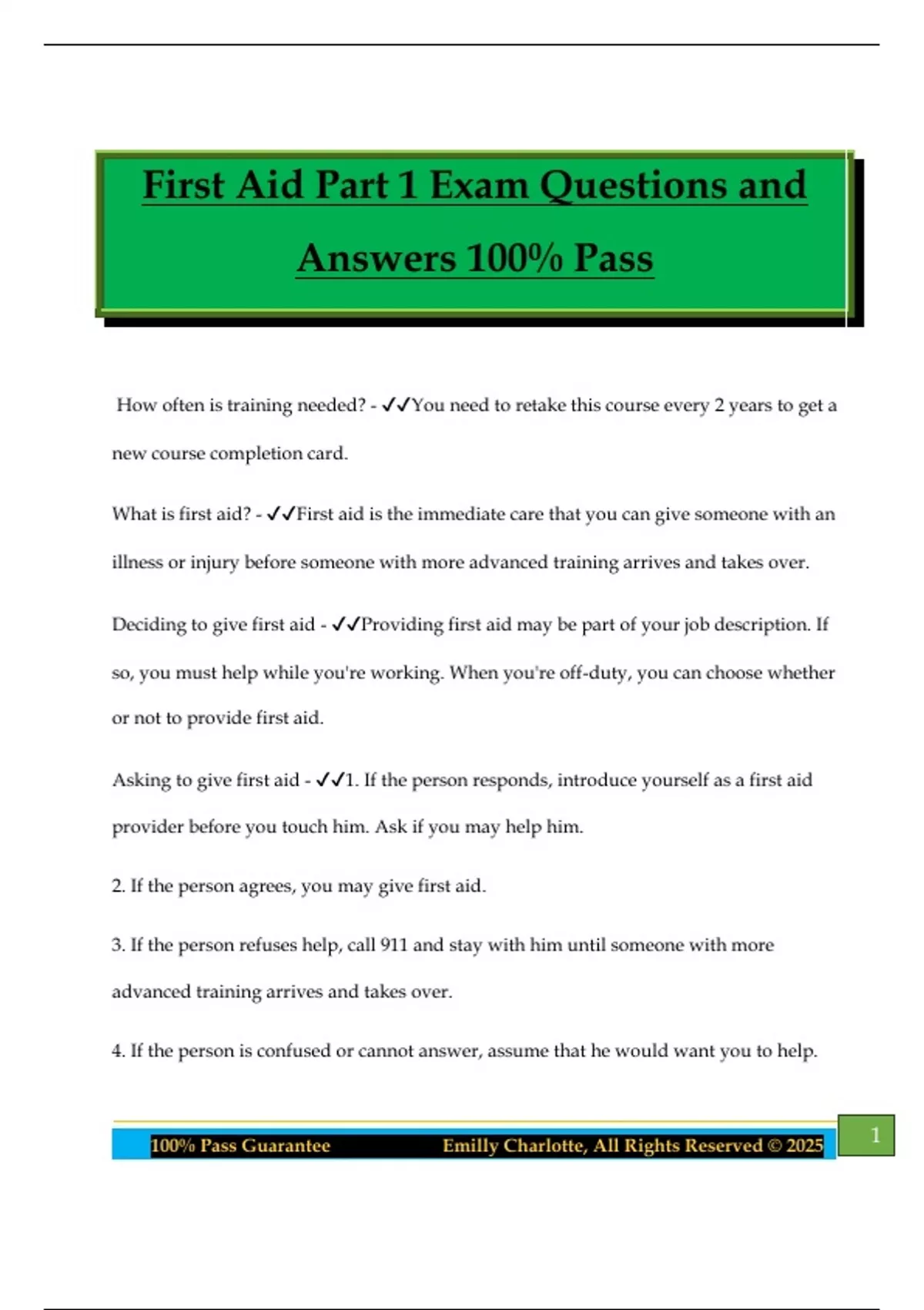 First Aid Part 1 Exam Questions and Answers 100% Pass - CPR first Aid ...