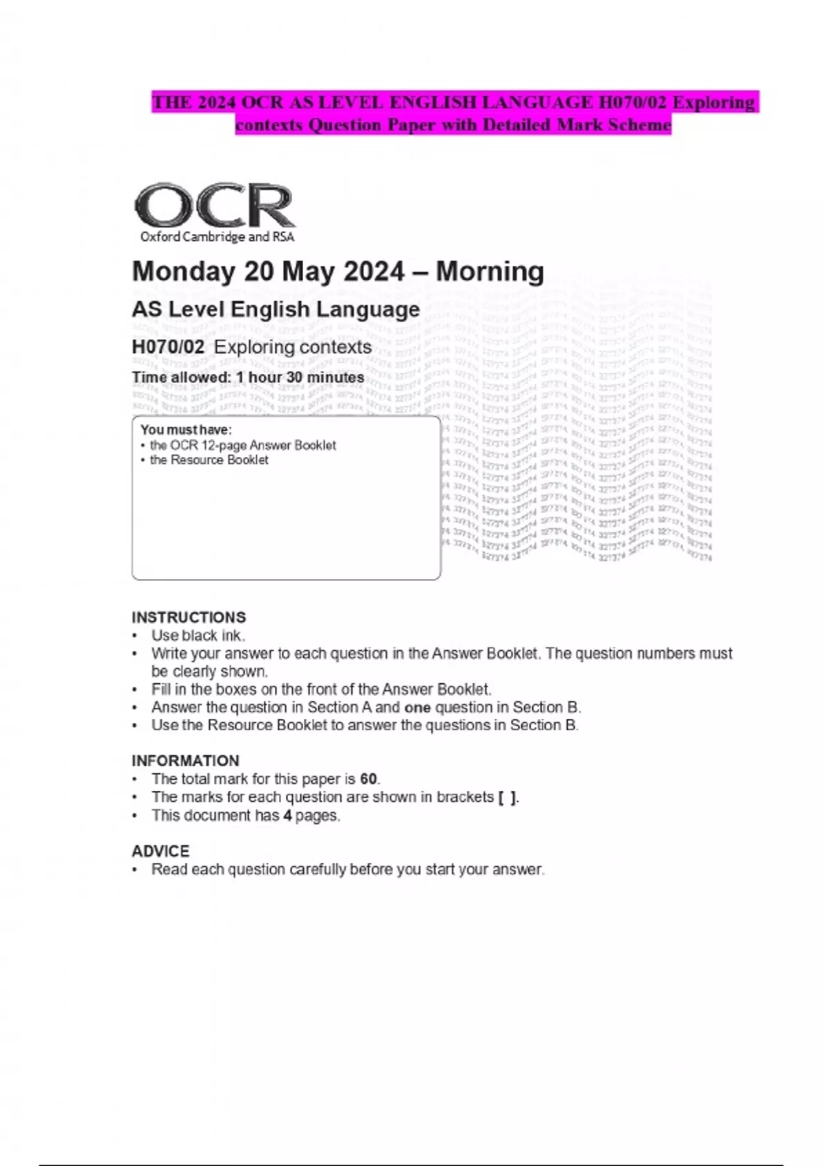 THE 2024 OCR AS LEVEL ENGLISH LANGUAGE H070/02 Exploring contexts Question Paper with Detailed ...