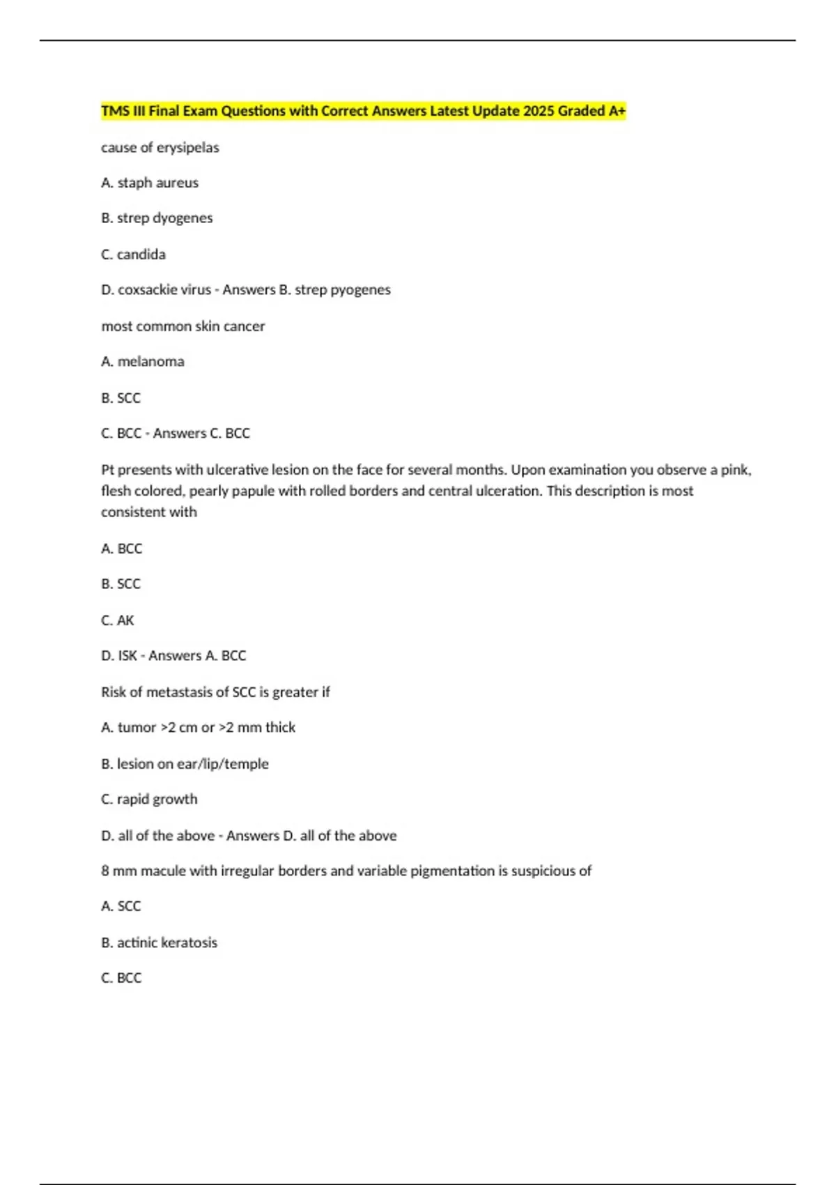 TMS III Final Exam Questions with Correct Answers Latest Update 2025 ...