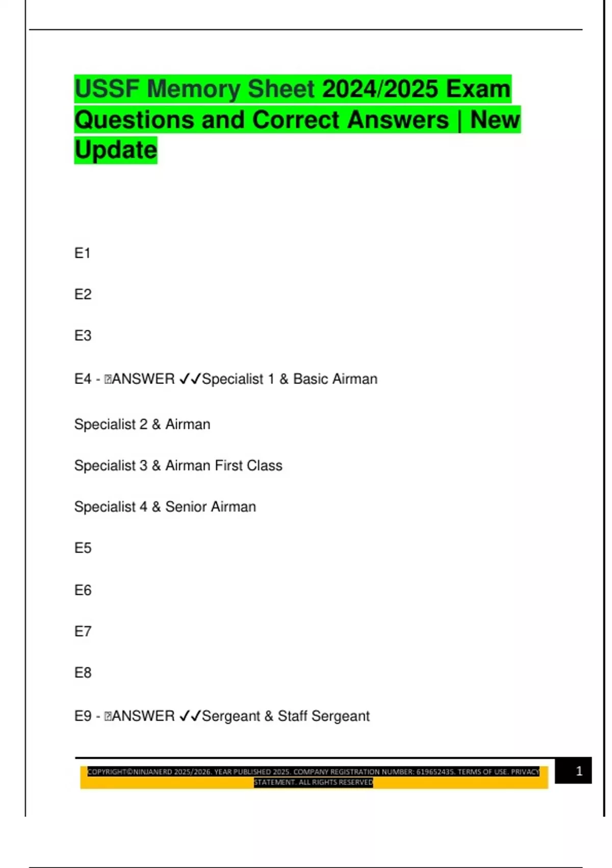 USSF Memory Sheet 2024/2025 Exam Questions and Correct Answers | New ...