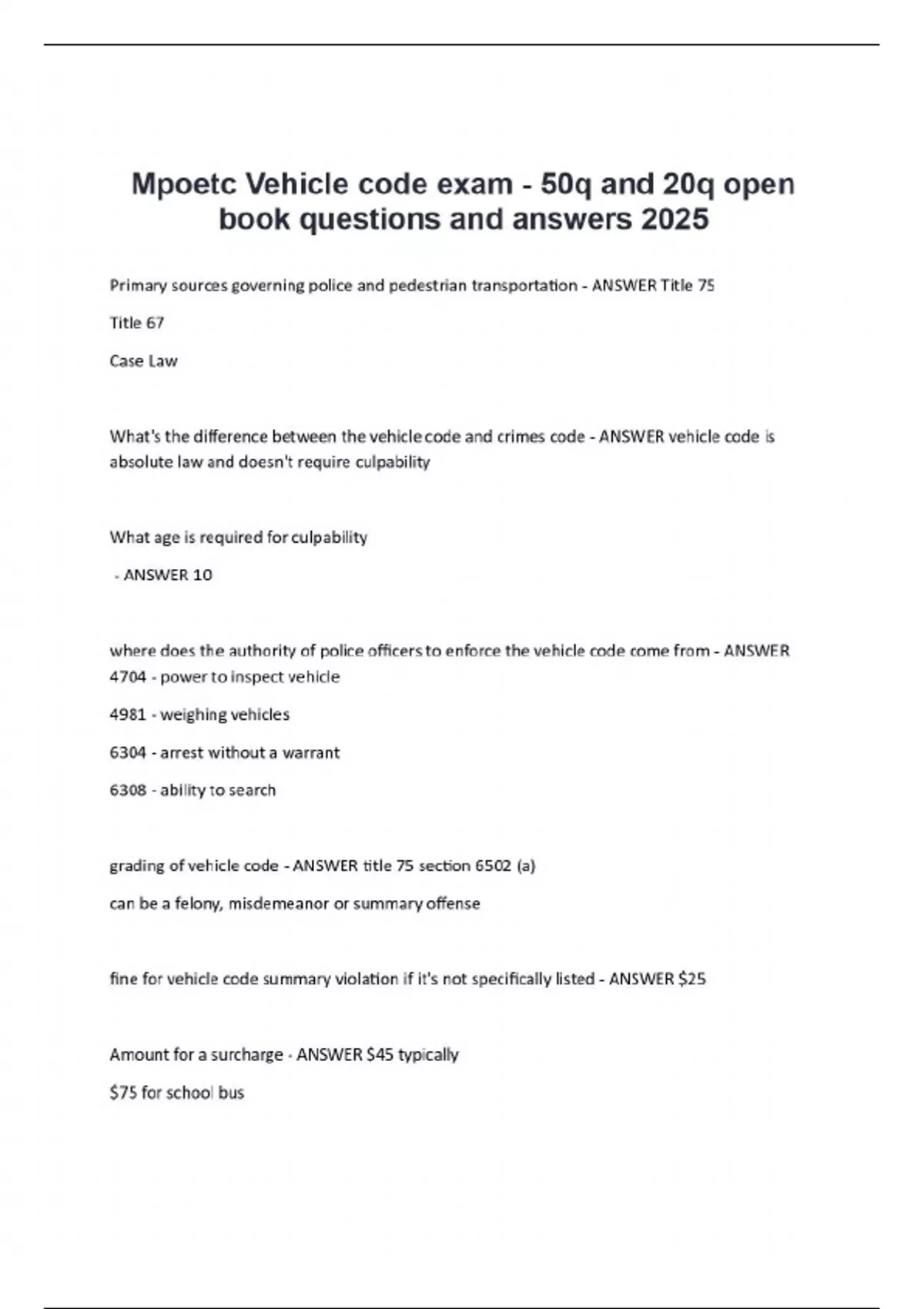 Mpoetc Vehicle code exam - 50q and 20q open book questions and answers ...