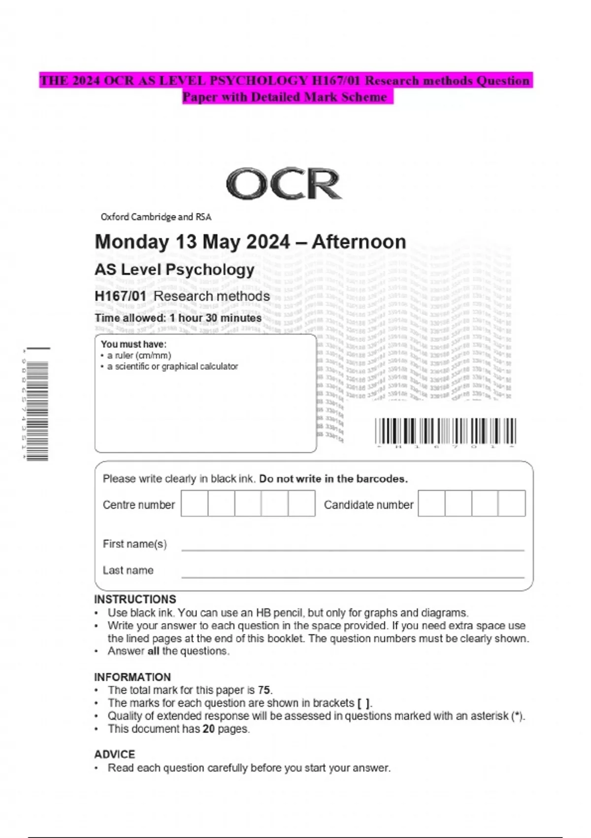 THE 2024 OCR AS LEVEL PSYCHOLOGY H167/01 Research methods Question ...