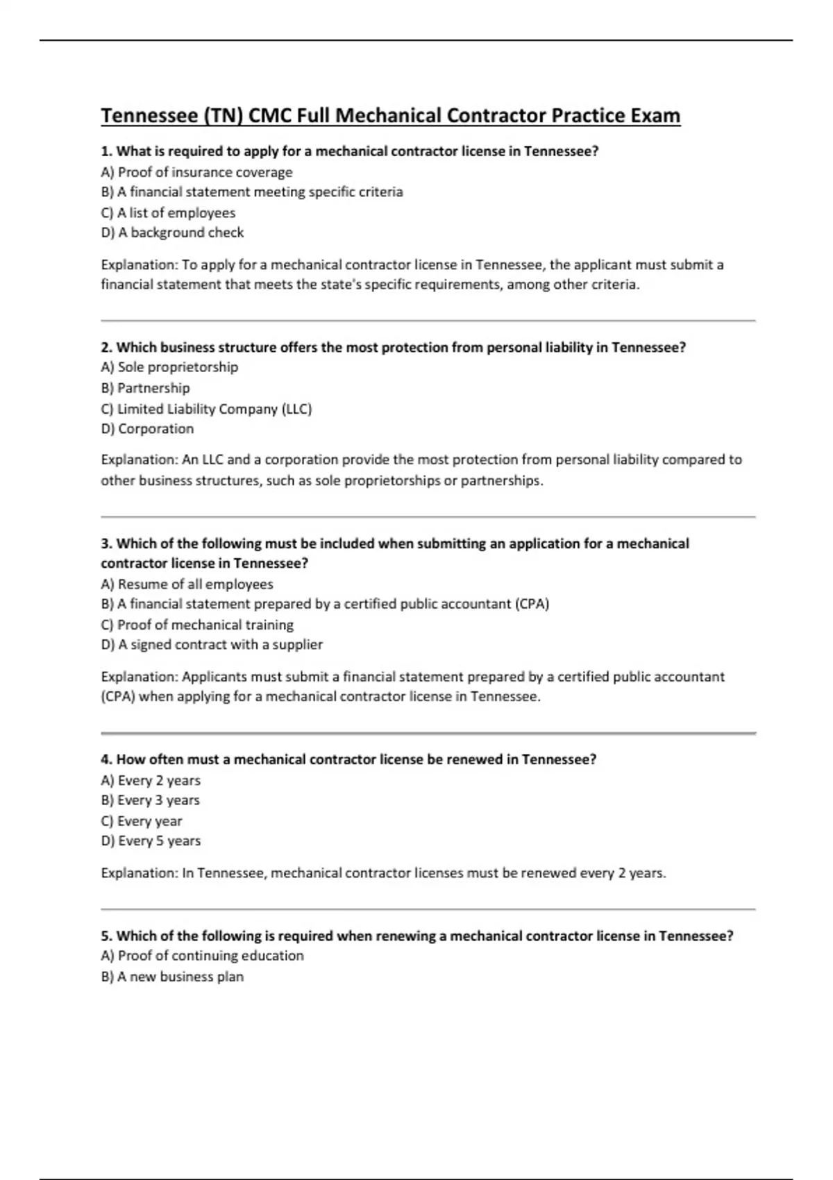Tennessee (TN) CMC Full Mechanical Contractor Practice Exam - Computers - Stuvia US