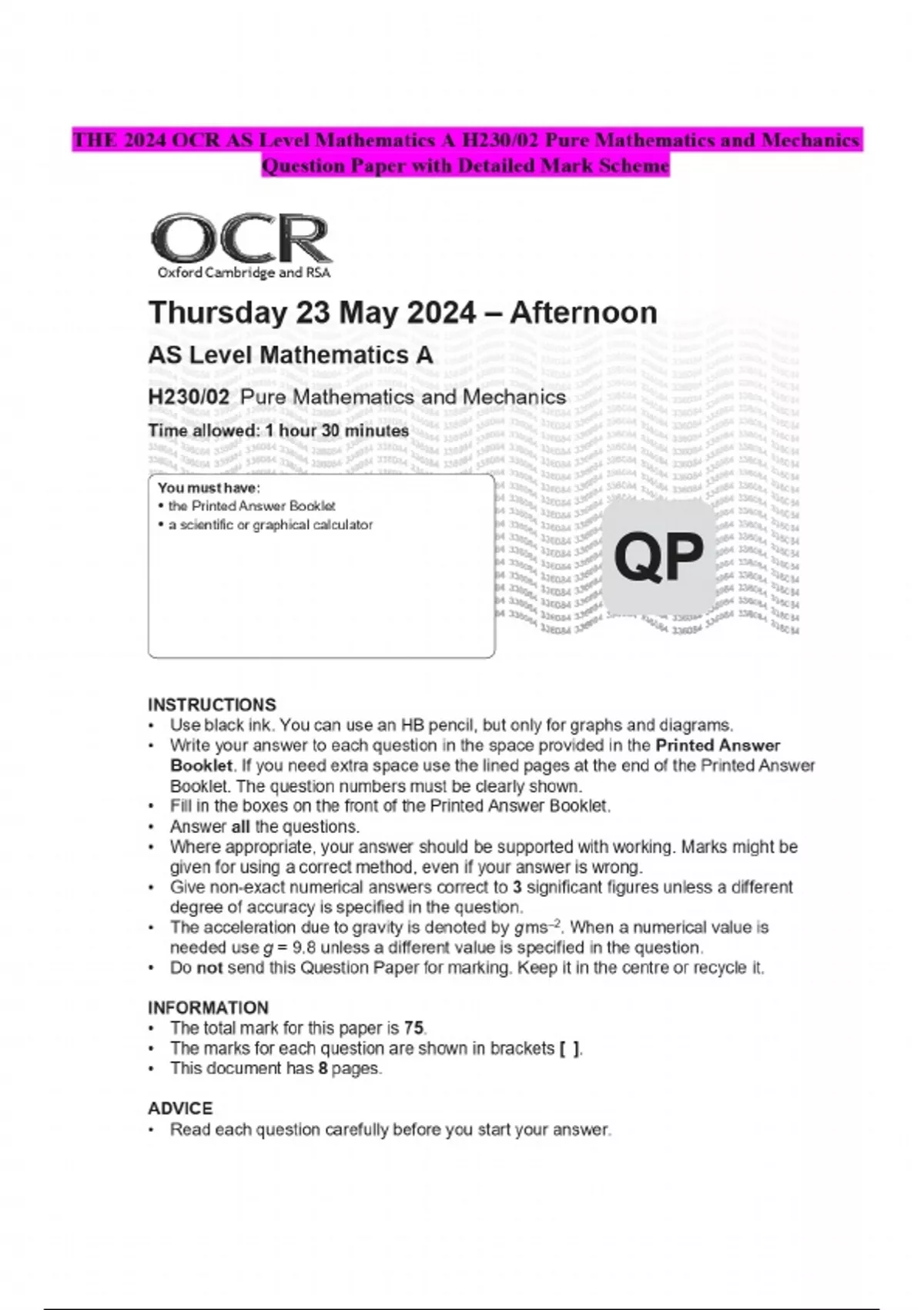 THE 2024 OCR AS Level Mathematics A H230/02 Pure Mathematics and ...