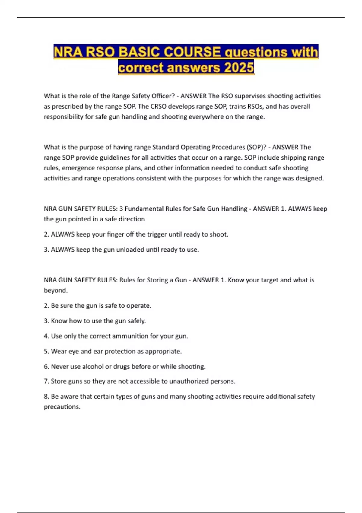 NRA RSO BASIC COURSE questions with correct answers 2025 - Nra basic RSO Tt Key - Stuvia US