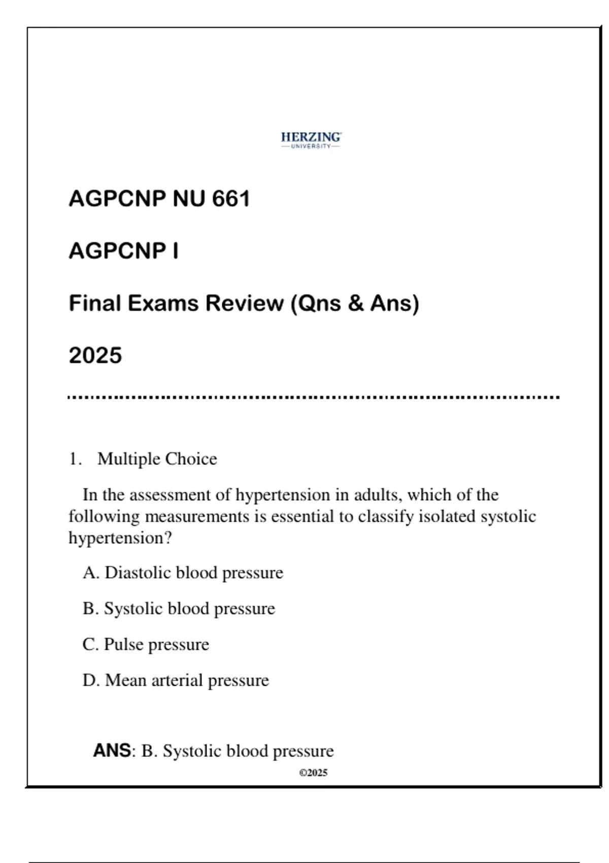 (AGPCNP) NU 661 AGPCNP I Finals Exams Review 2025 (Qns & Ans). - NURSING - Stuvia US