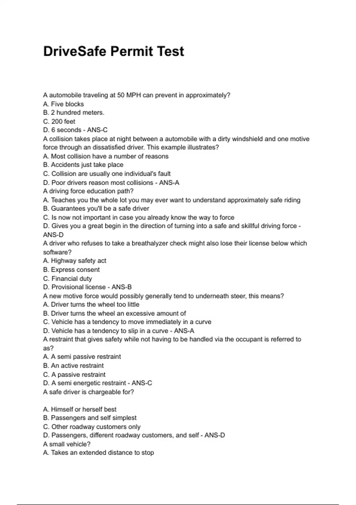 DriveSafe Permit Test New Update 2025/2026) ||Questions and Verified ...